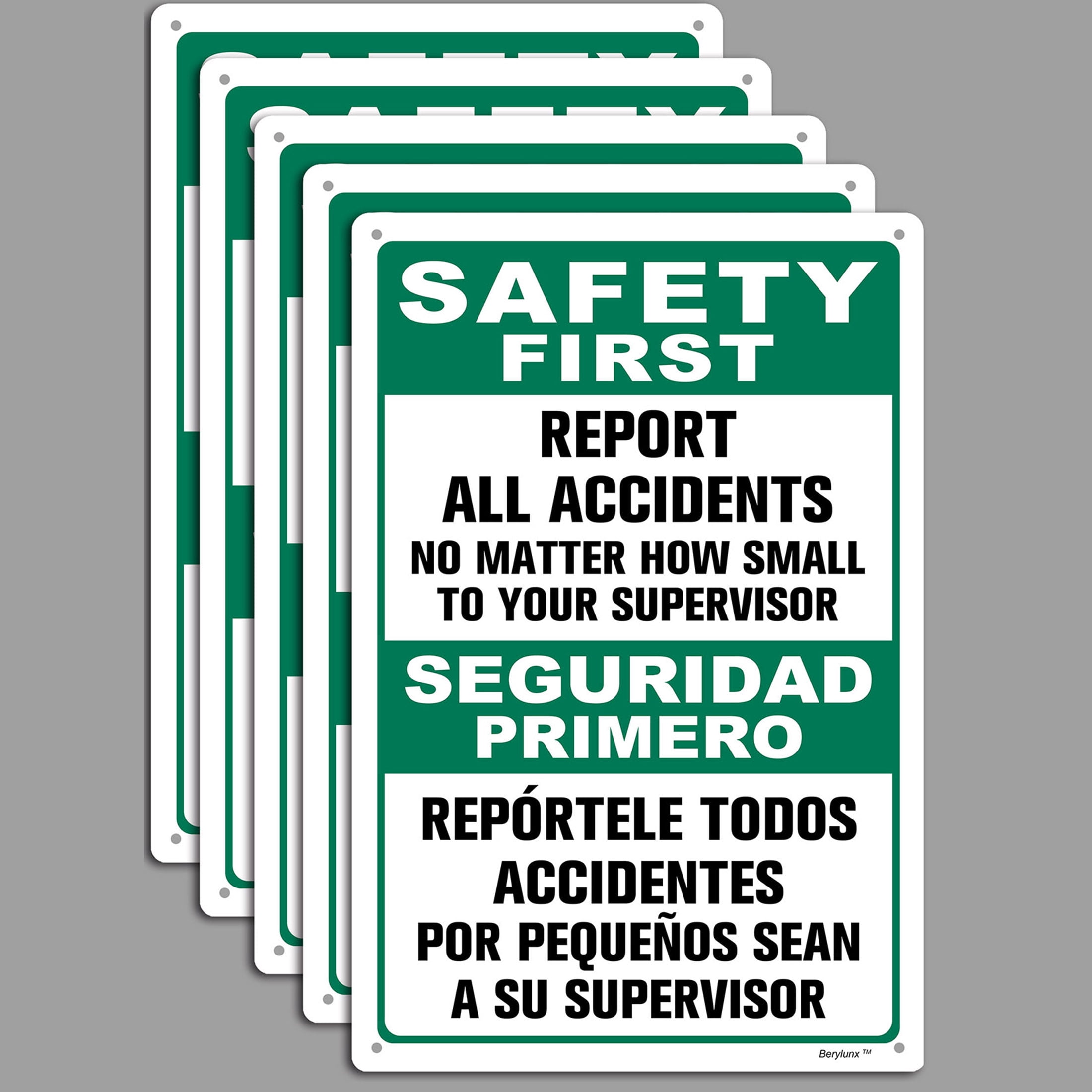 BTFSigns Spanish 5 Pack 16" x 24" Safety First Report All Accidents No ...