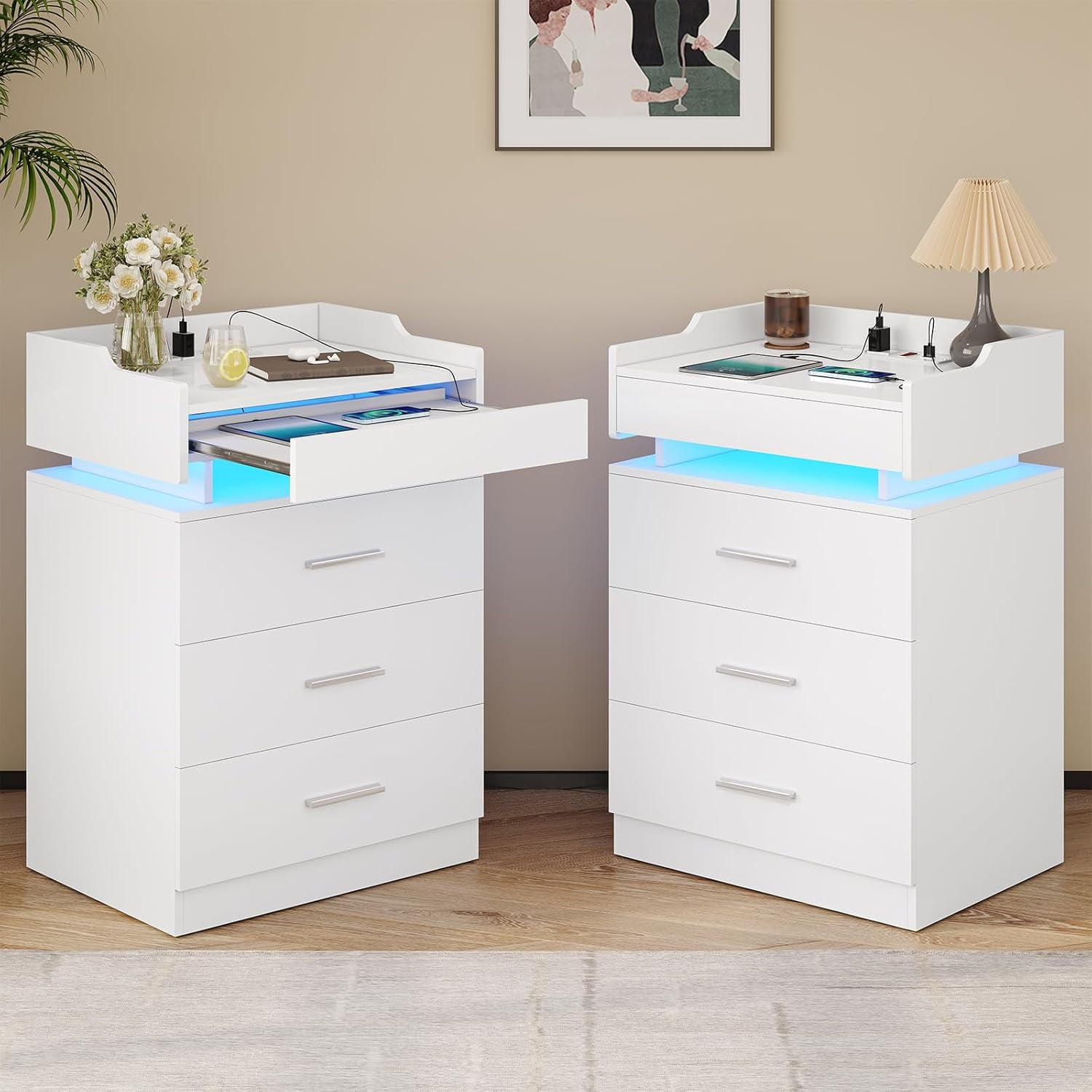 BTHFST LED Nightstand Set of 2, Large Night Stand with Charging Station ...