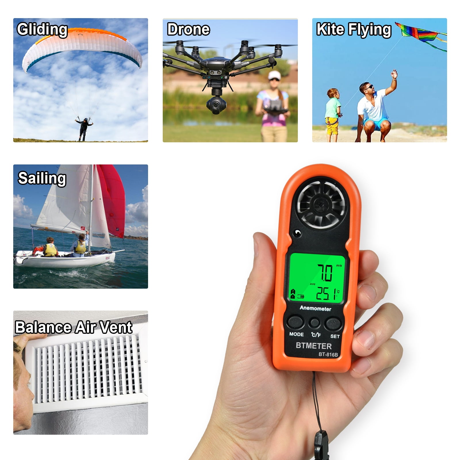 BTMETER BT-816B Handheld Anemometer with Wind Speed Range 0.3 -30m/s ...