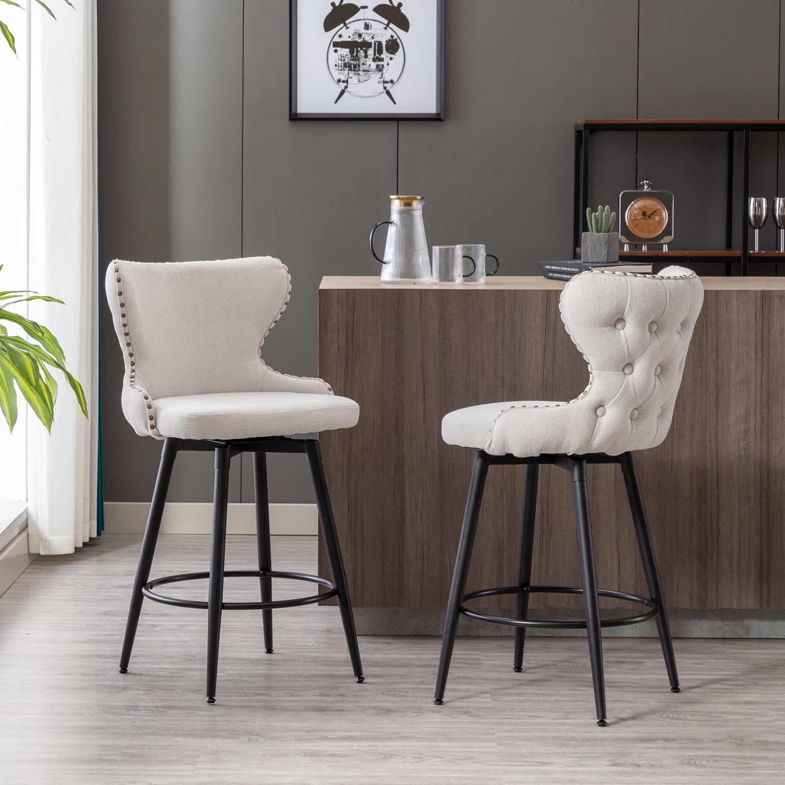 Btmway 180° Swivel Bar Stools Sets Of 2 Modern Linen Fabric