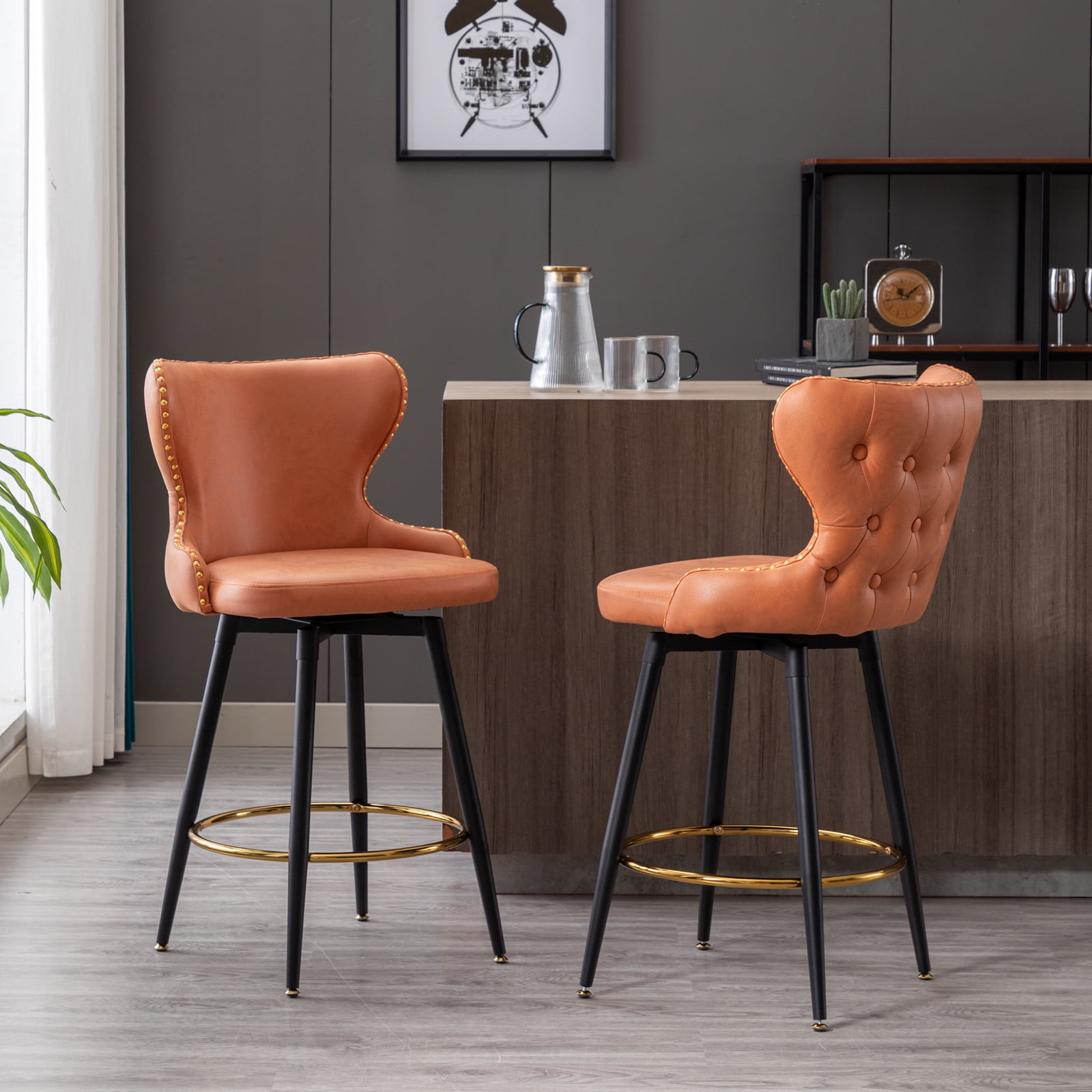 BTMWAY 180° Swivel Bar Stools Sets of 2, Thickened Leather Fabric ...