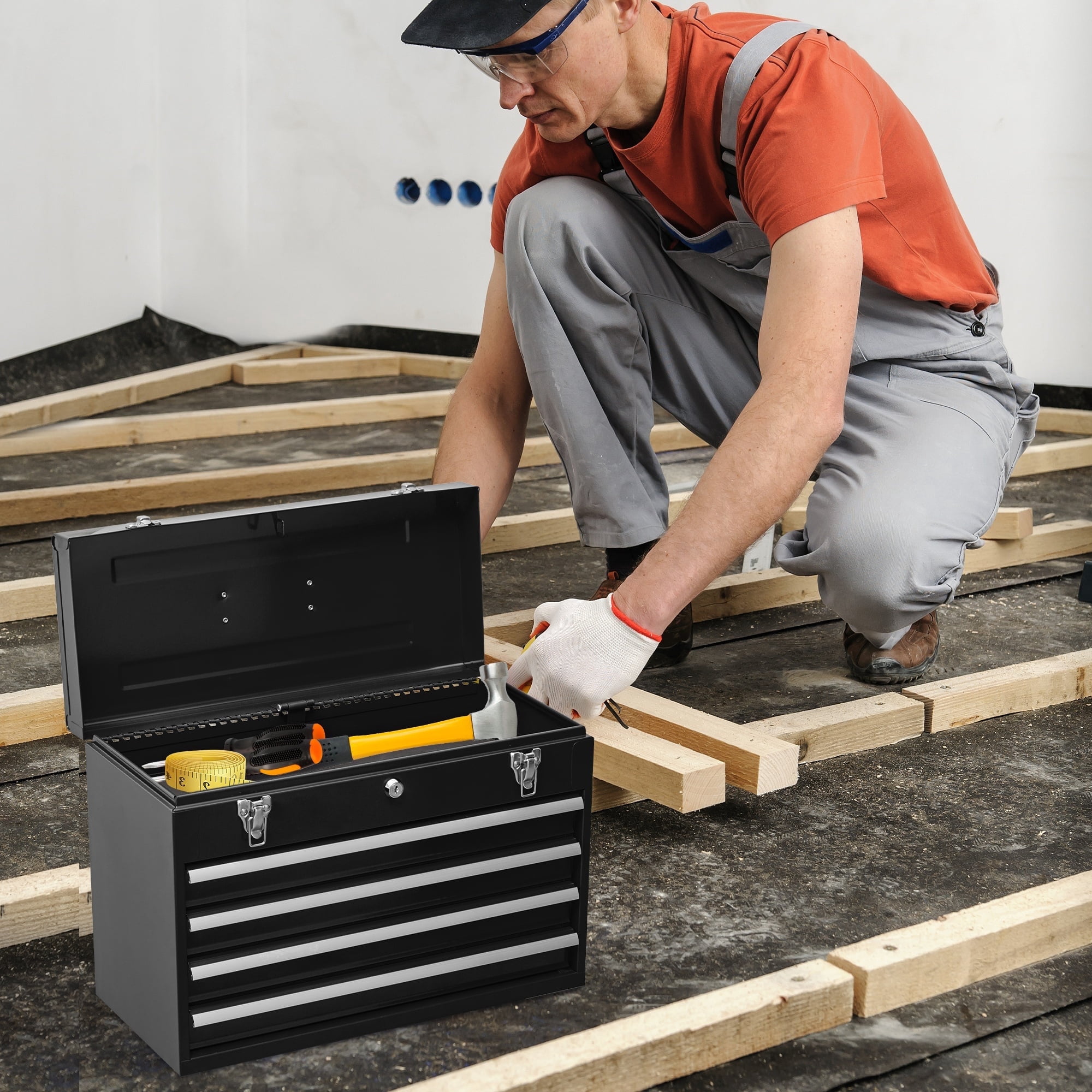 CASEMIOL 20.3" Metal Tool Box with 4 Drawers and Deep Top Box, Portable ...