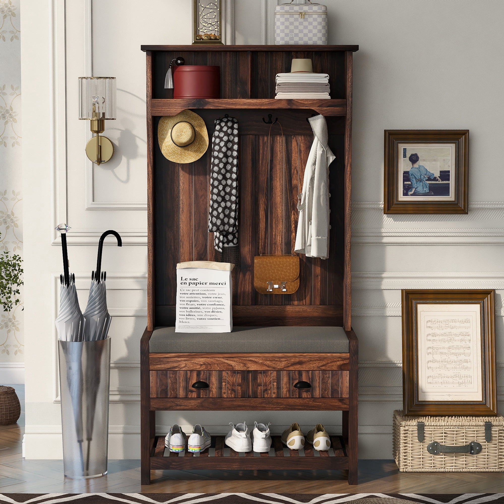 BTMWAY 3-in-1 Entryway Coat Rack, Wood Hall Tree with Storage Bench and ...