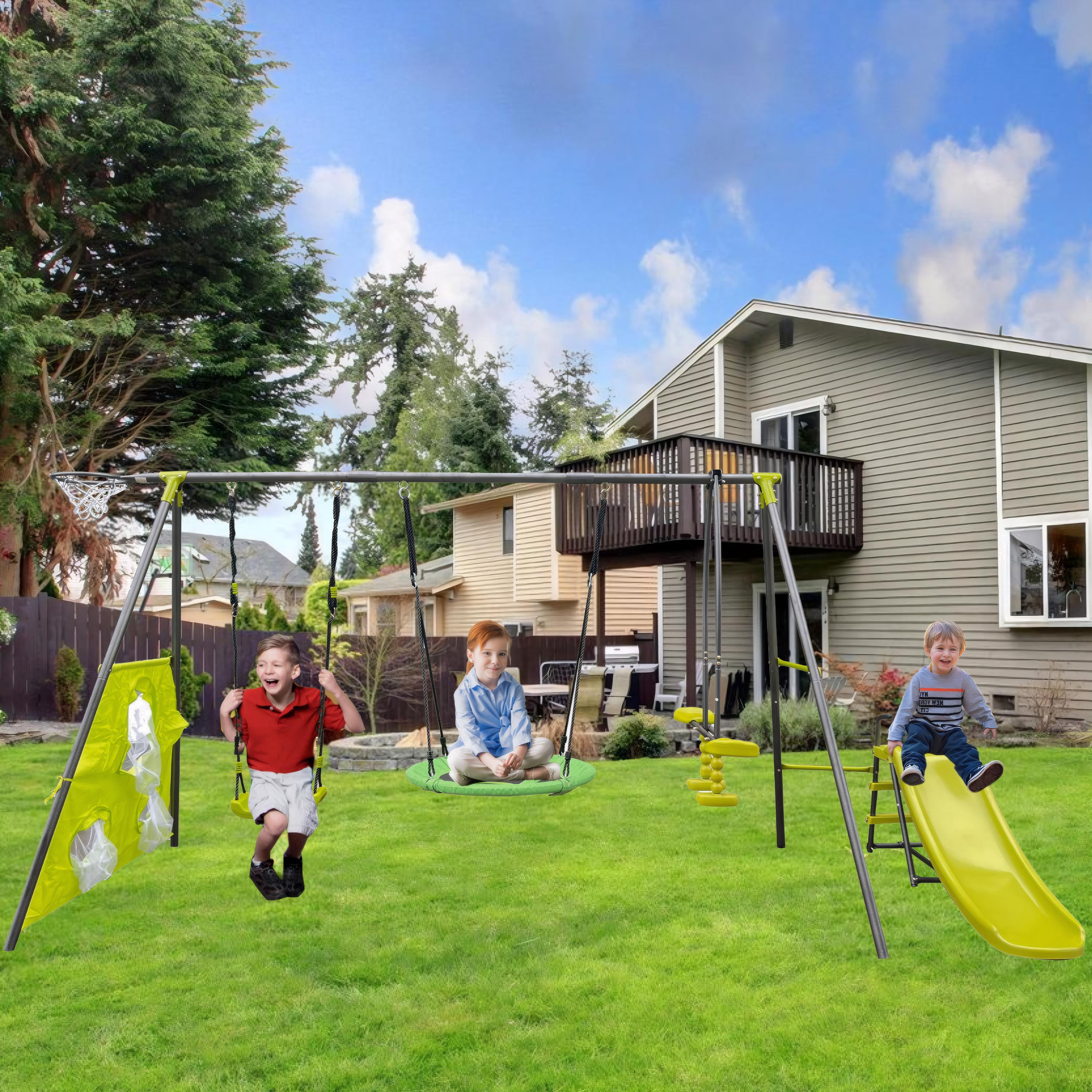 CASEMIOL Backyard Swing Sets for Outside, 440lbs Swing Set with Slide ...