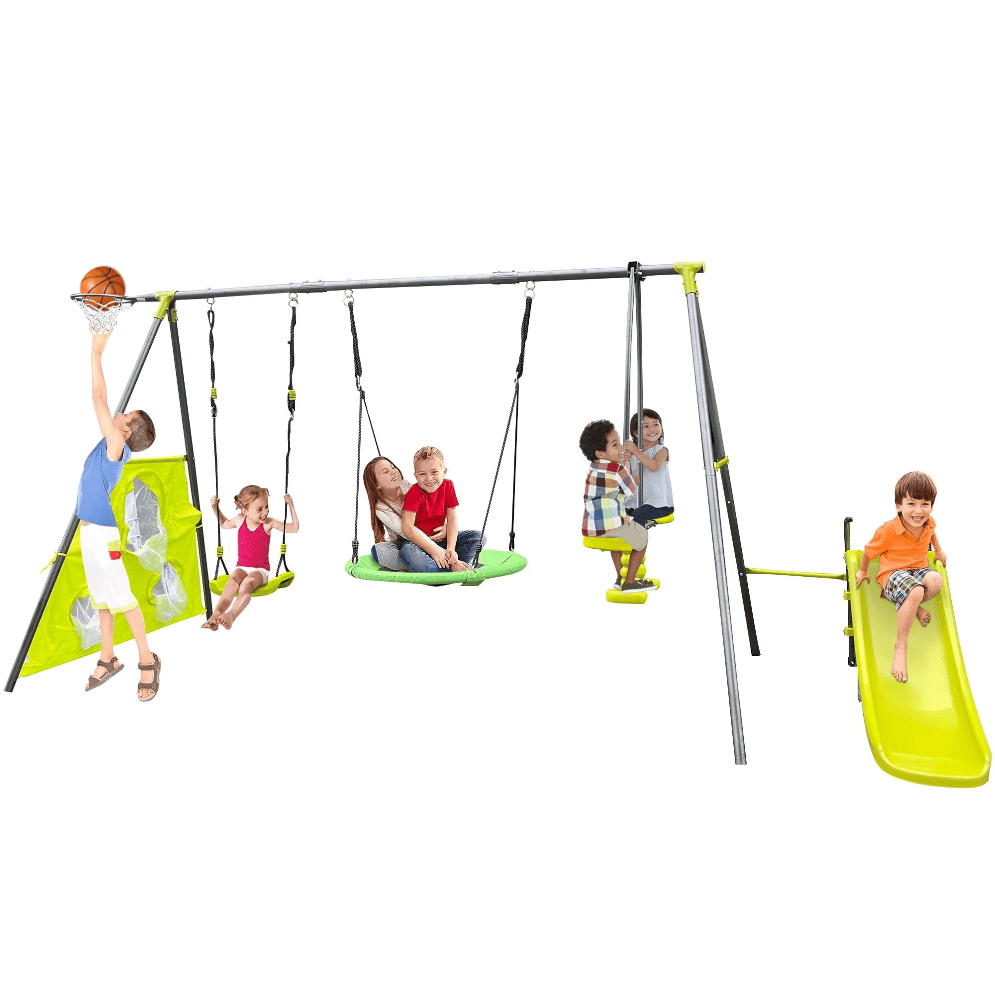 Sesslife Metal Swing Set For Outside 6 In 1 Swing Set With Slide Seesaw Swing Single Swing