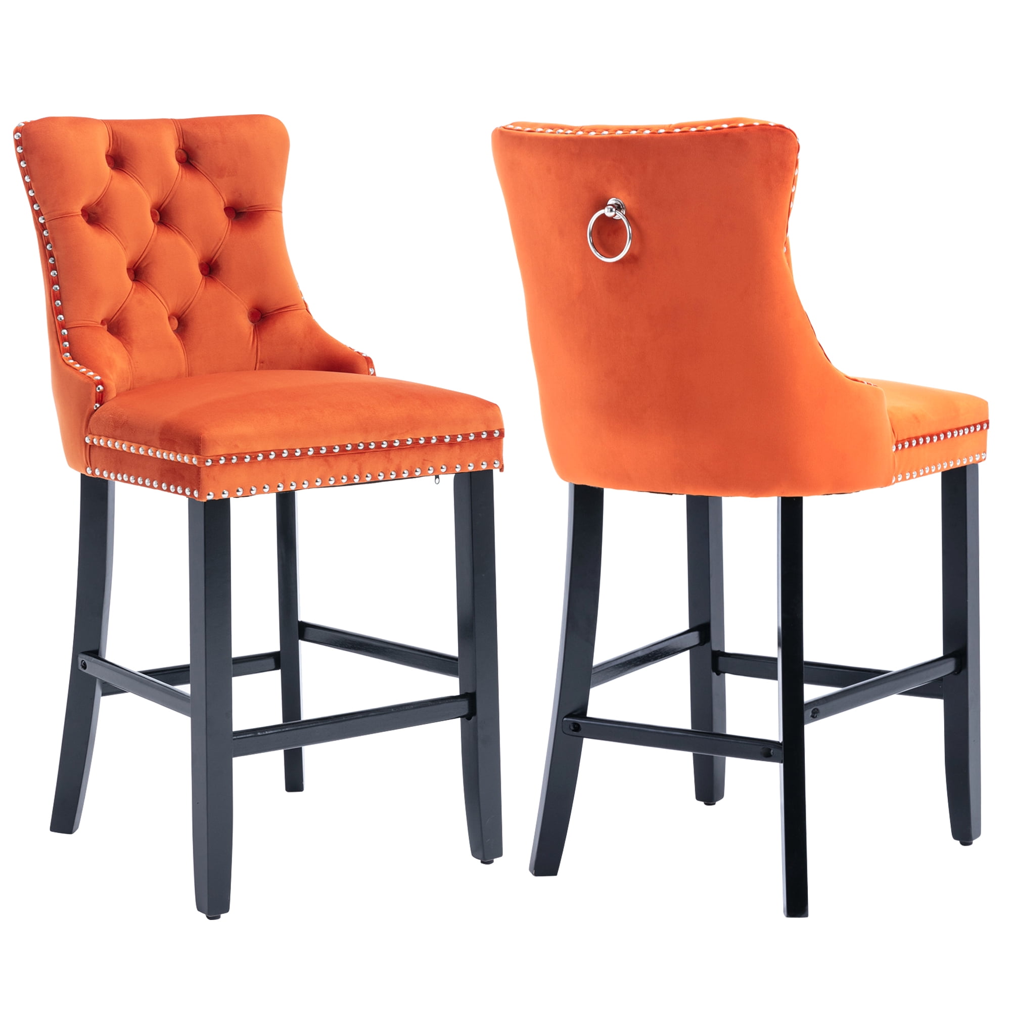 BTMWAY Bar Stools Set of 2, Velvet Upholstered Bar Chair with Solid ...