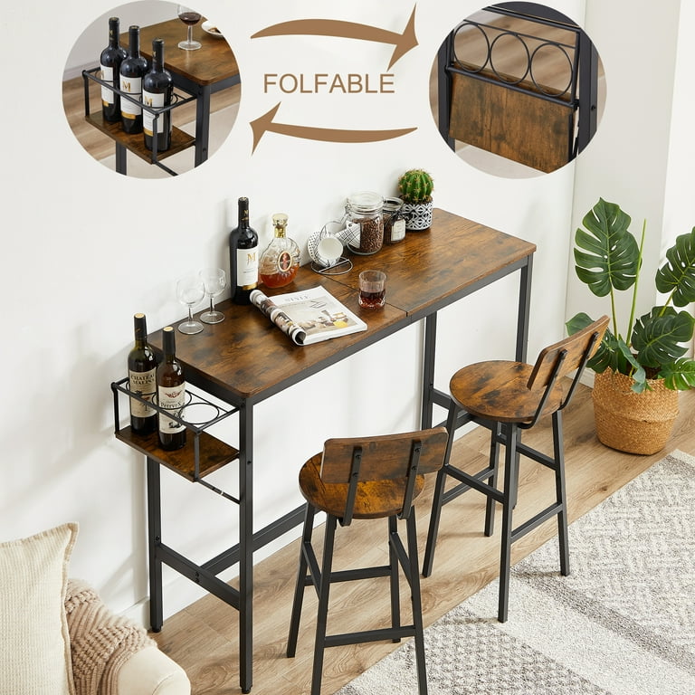 Yoneston 3 Pieces Bar Table Set with 2 Chairs and Wine Storage Rack Wood Height Counter Kitchen Table Pub Bar Table Set for Breakfast Nook Small