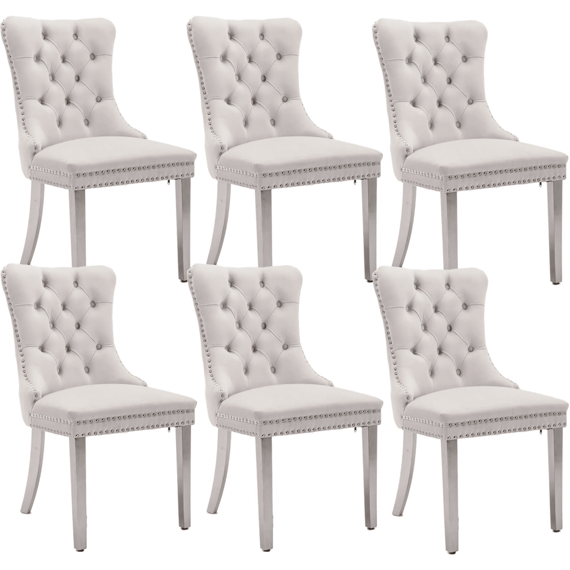 LegaHome Beige Velvet Dining Chairs Set of 6, Upholstered with Nailhead Trim, Solid Wood Legs ...