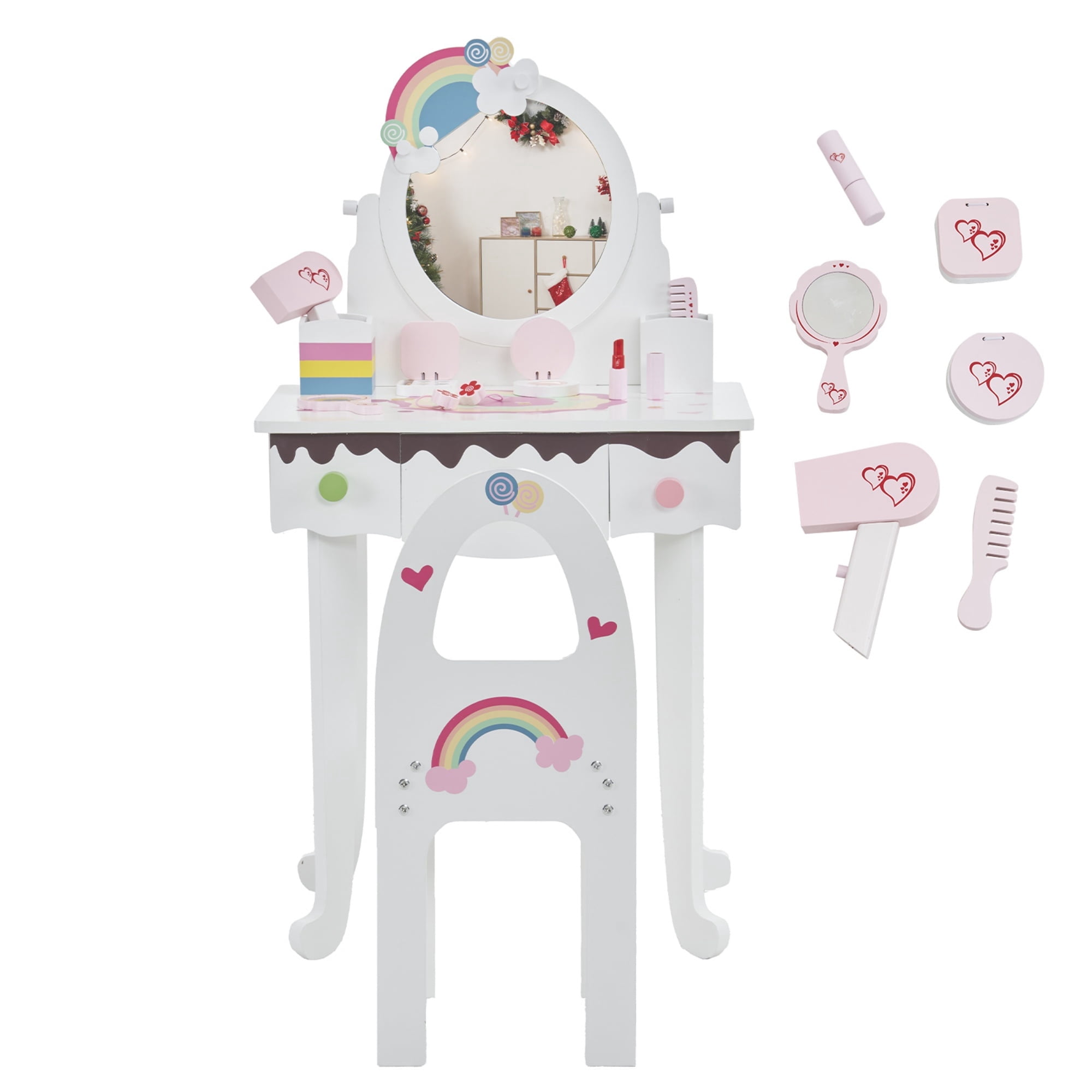 CASEMIOL Kids Vanity Table and Chair Set with 7 Pretend Play Toys ...