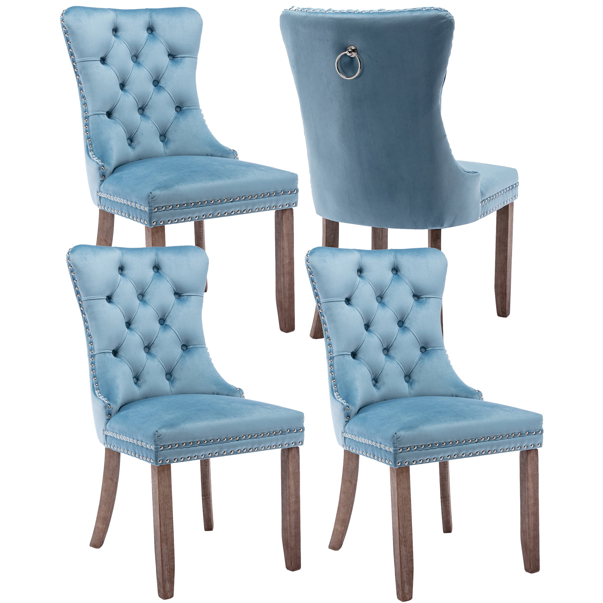 BTMWAY Set of 4 Velvet Dining Chairs, Light Blue, Upholstered Button ...
