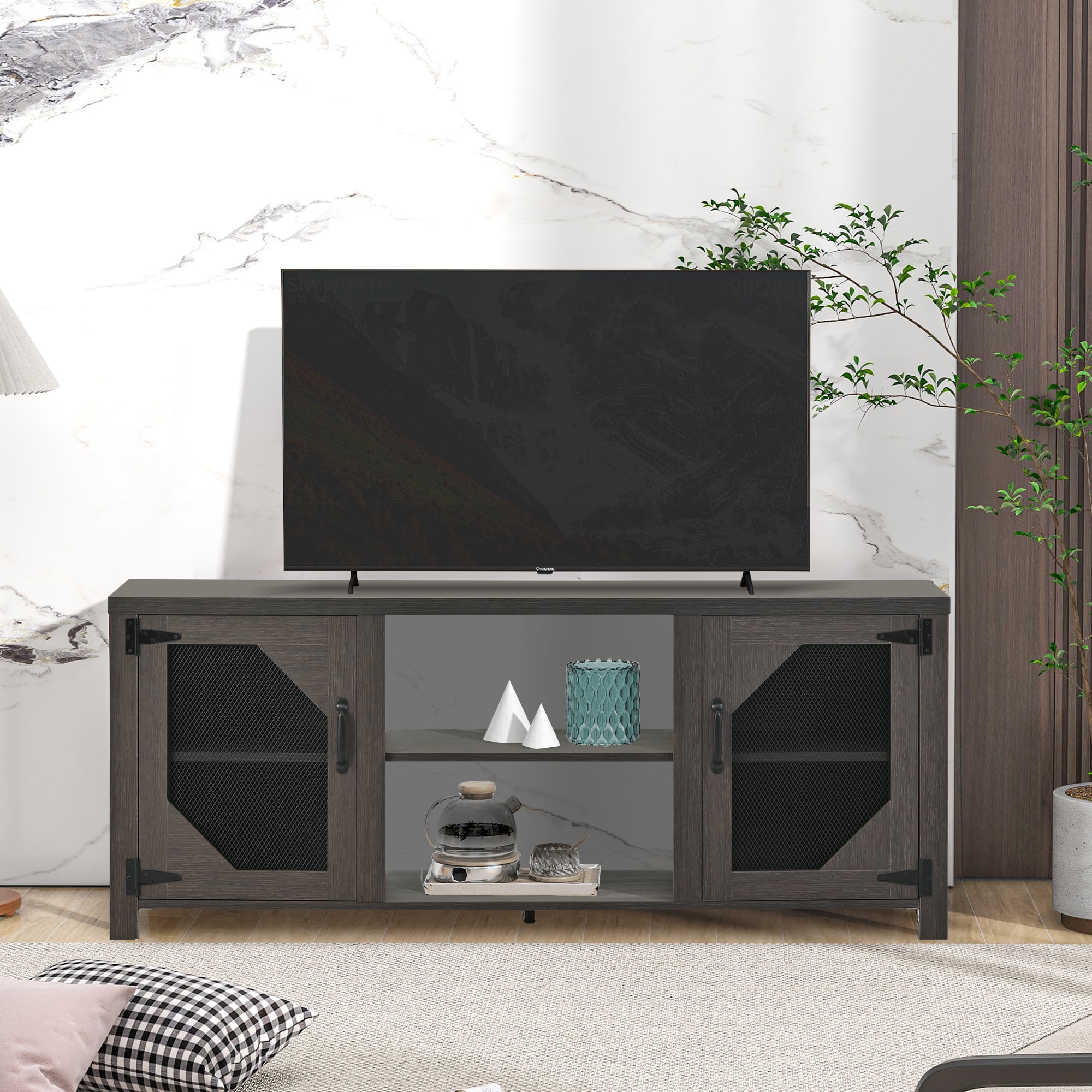 BTMWAY Modern TV Stand for 65'' TV with 2 Large Storage Cabinet and ...