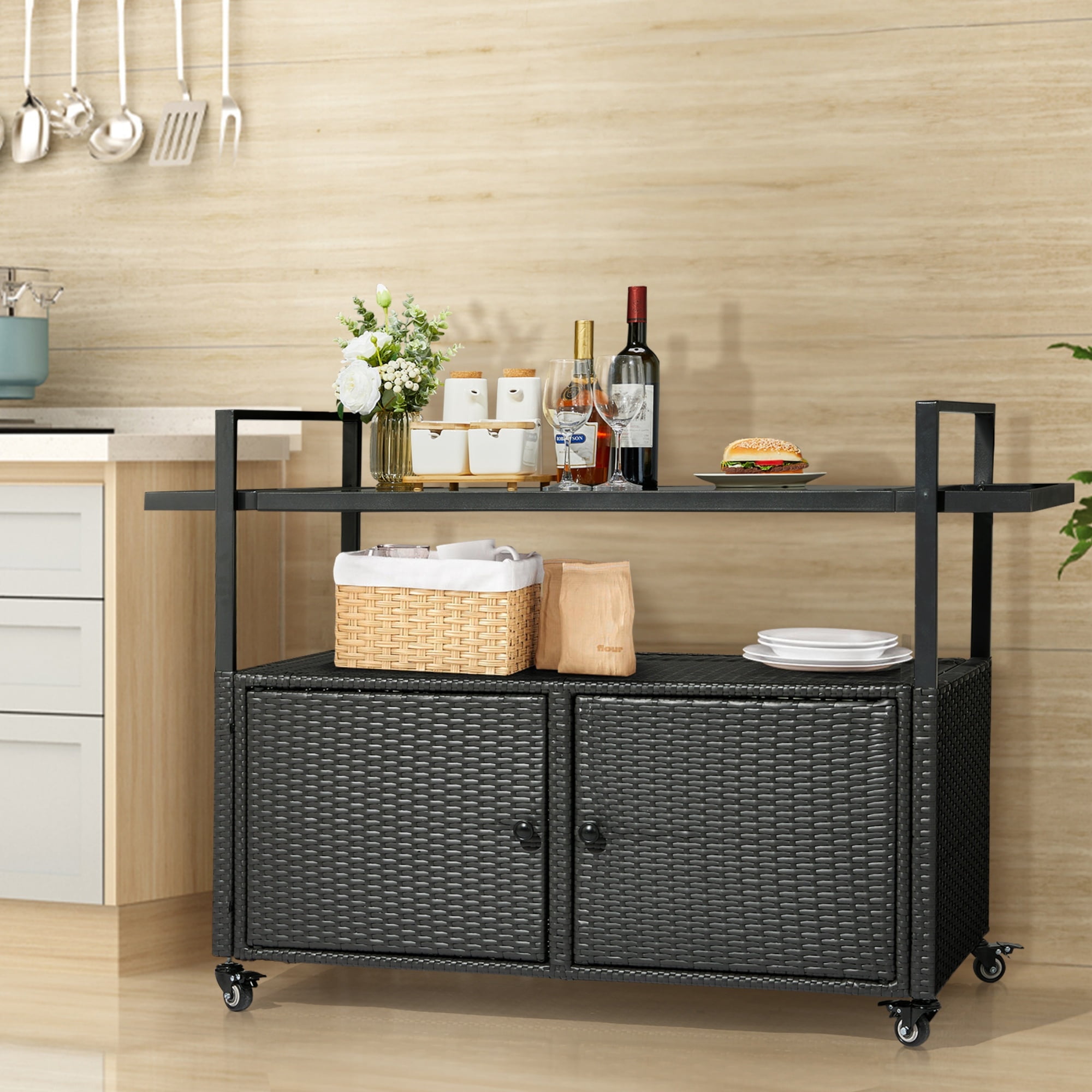 CASEMIOL Outdoor Bar Carts for The Home, Wicker Serving Cart Table with ...