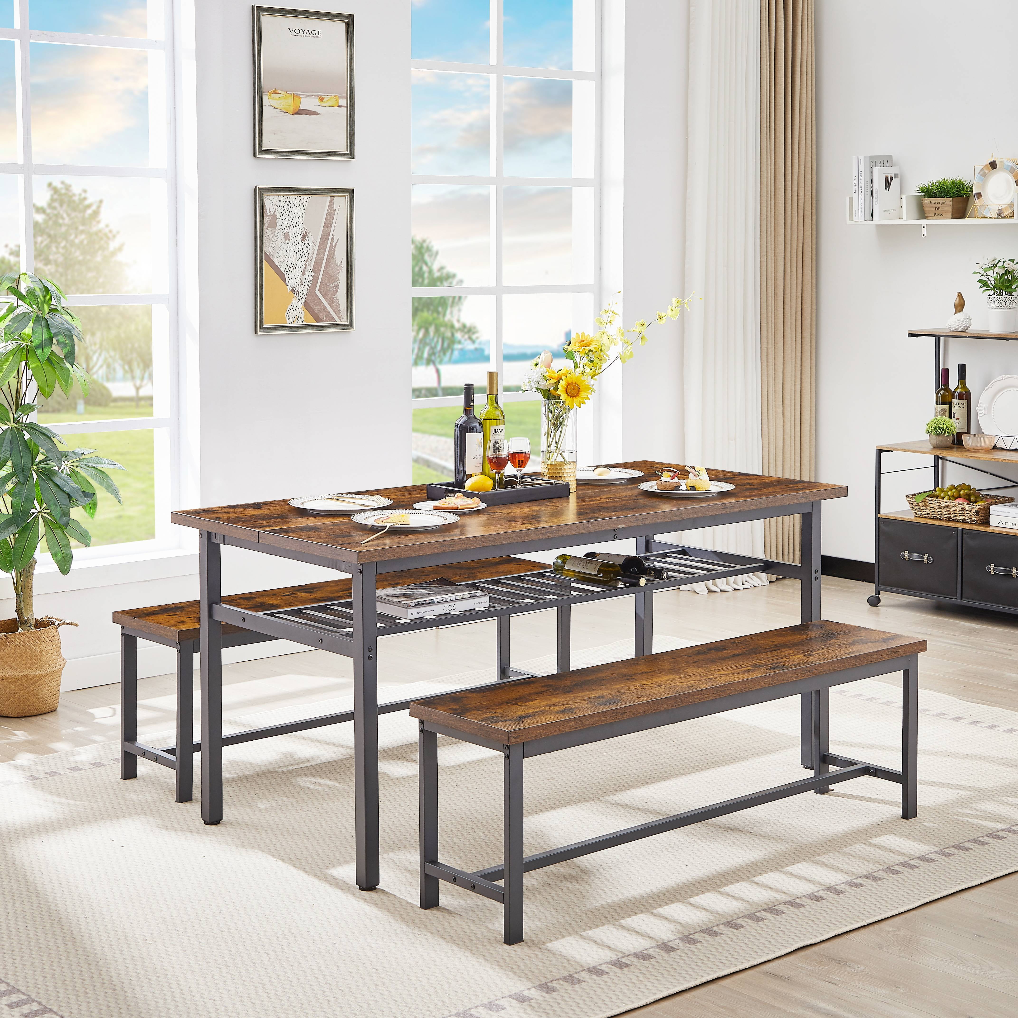 BTMWAY Oversized Dining Table Set with 2 Benches, 3 Piece Wood Dining ...