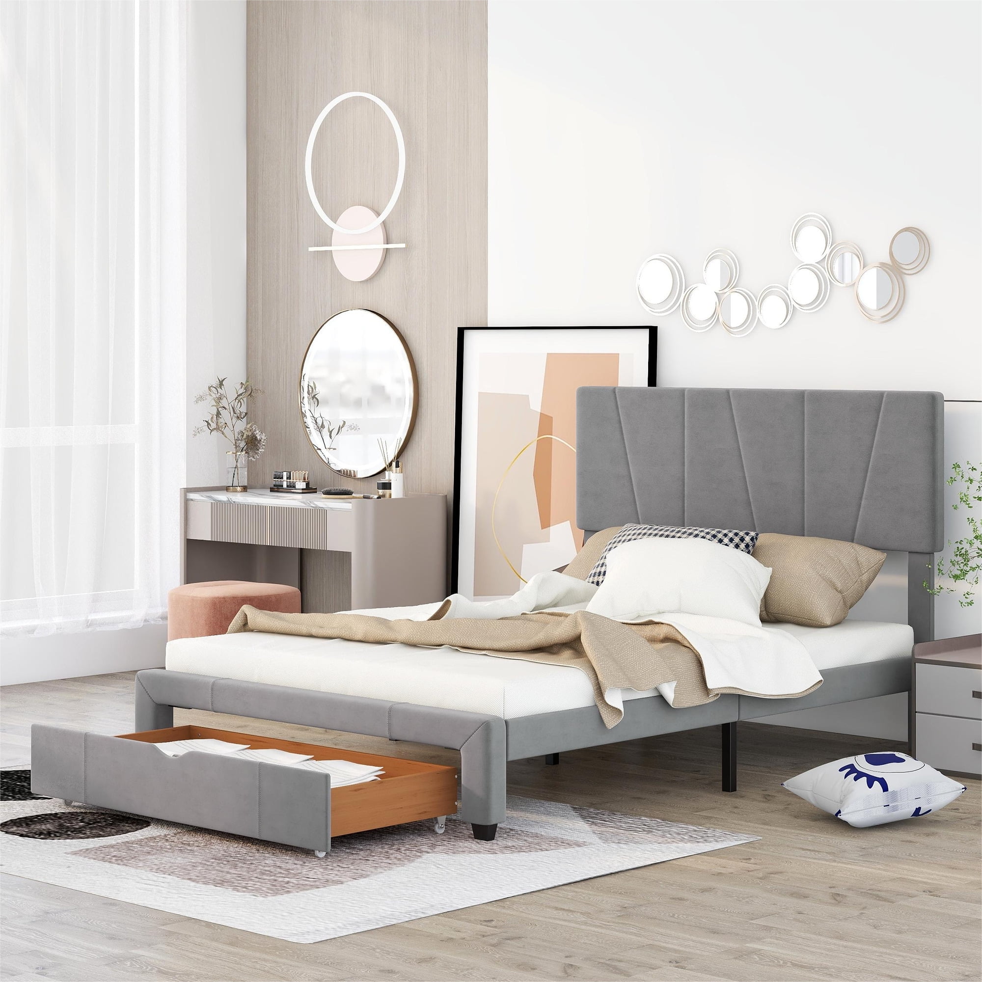 BTMWAY Queen Bed Frame, New Upgraded Velvet Upholstered Platform Bed ...
