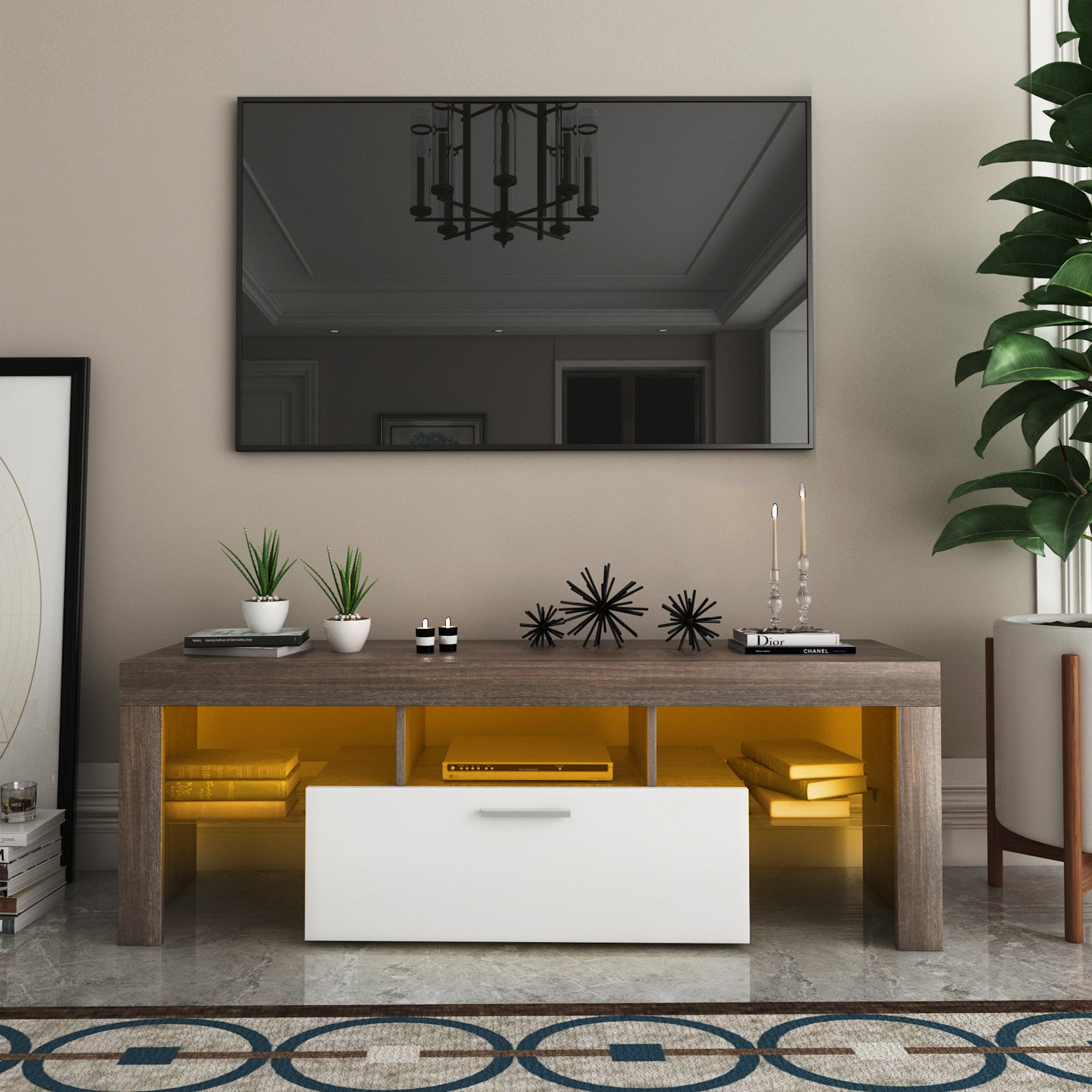 BTMWAY TV Stand for 55 Inch TV, Wooden TV Cabinet with LED Lights ...