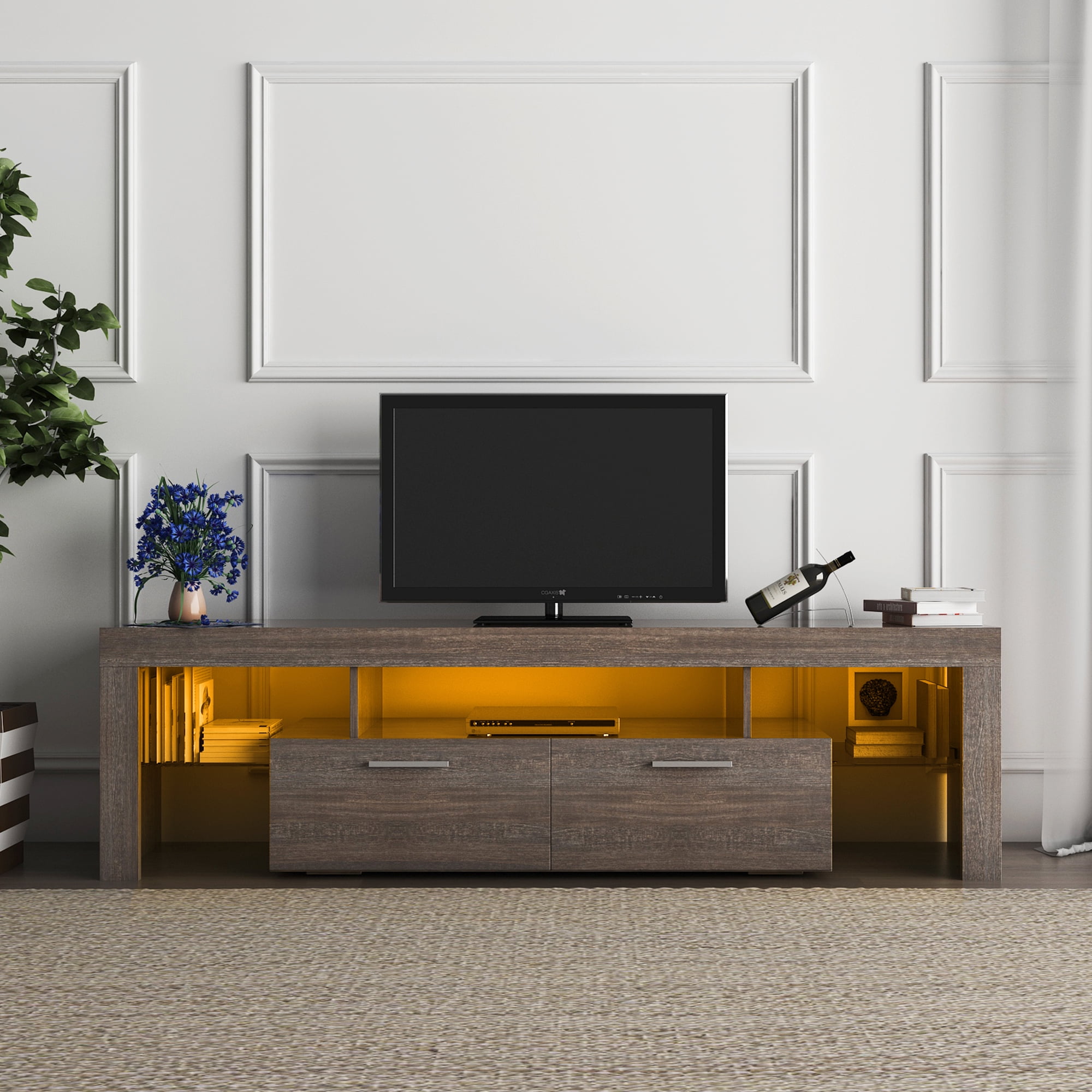 BTMWAY 70 Inch TV Stand, Rustic LED Light Console with Storage ...