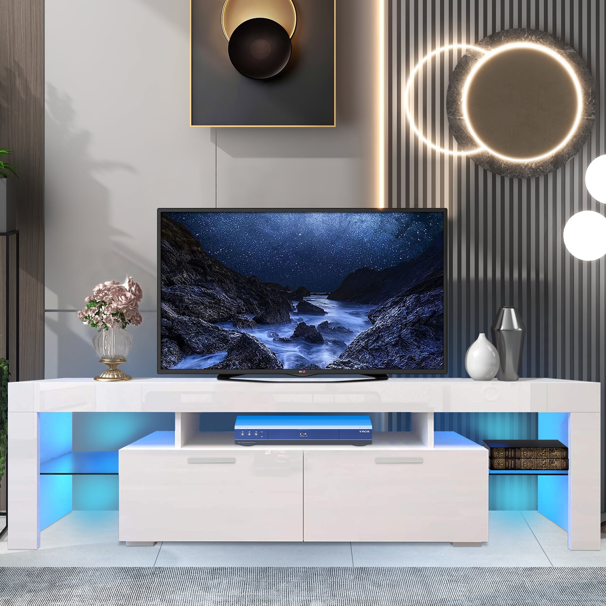 BTMWAY TV Stand for 70 Inch TV, Modern High Glossy Television Console ...