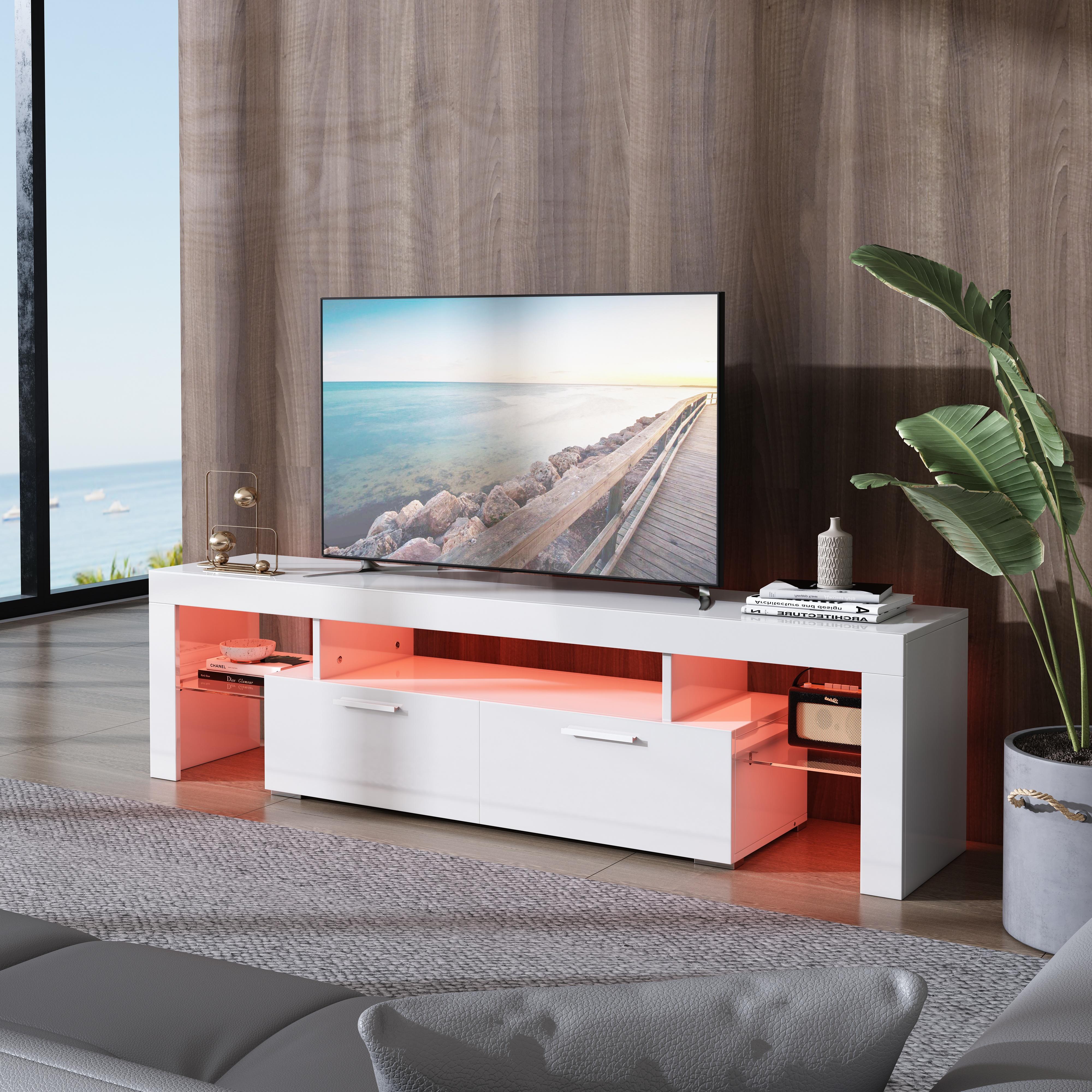 BTMWAY Modern High Glossy TV Stand for 80 Inch, LED Lights, Storage ...
