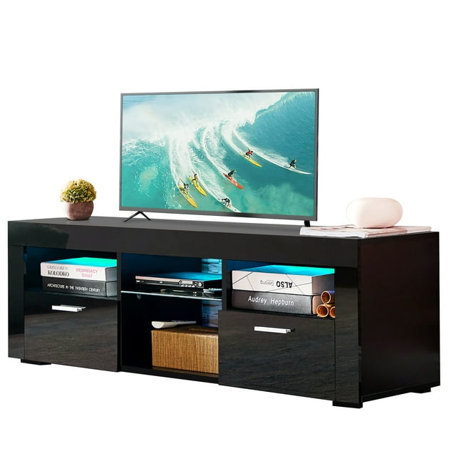 BTMWAY TV Stand for 55 Inches TV, Black High Glossy TV Cabinet with 16 ...