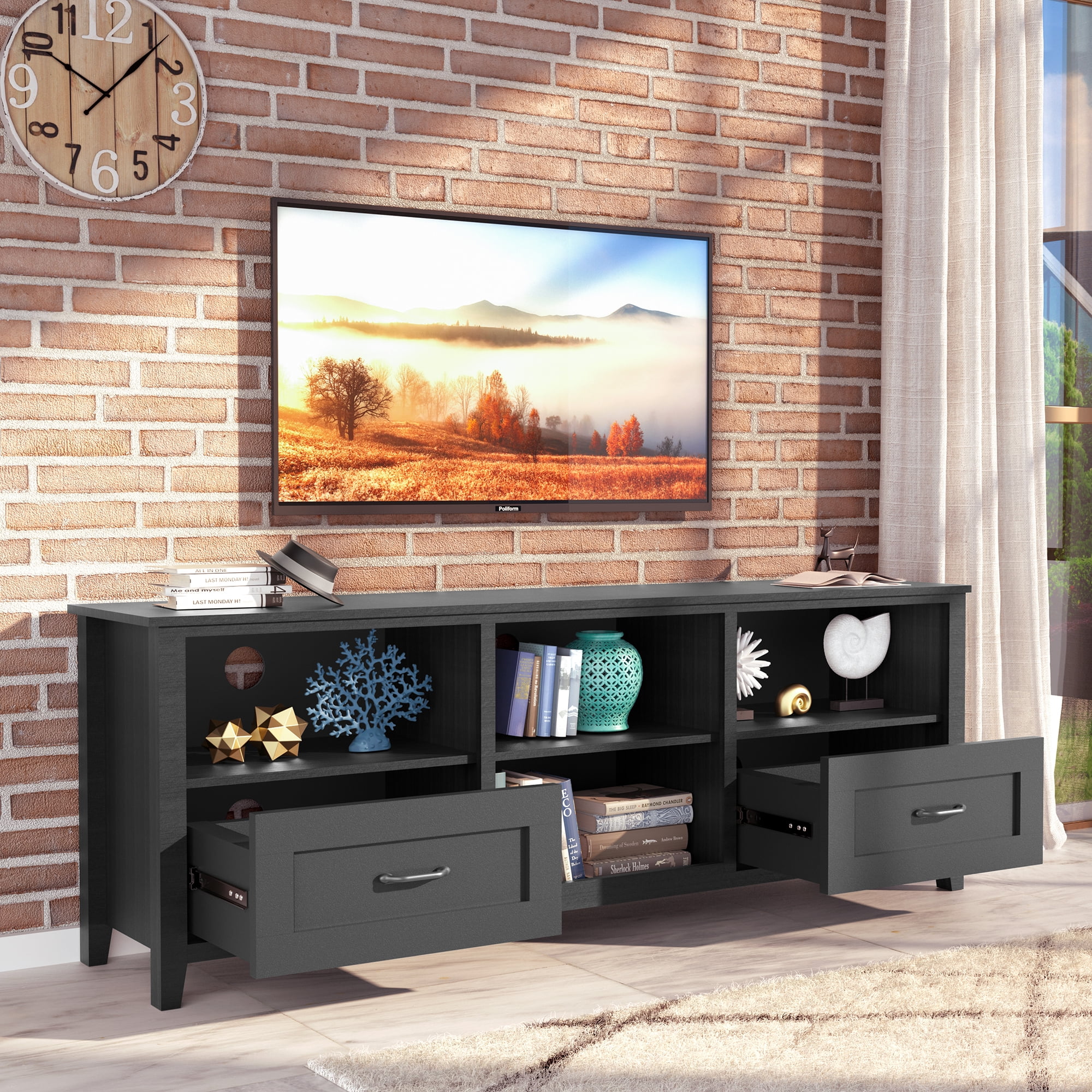 BTMWAY Television Stand with 4 Shelves and 2 Drawers,Wood Black, 15.35 ...