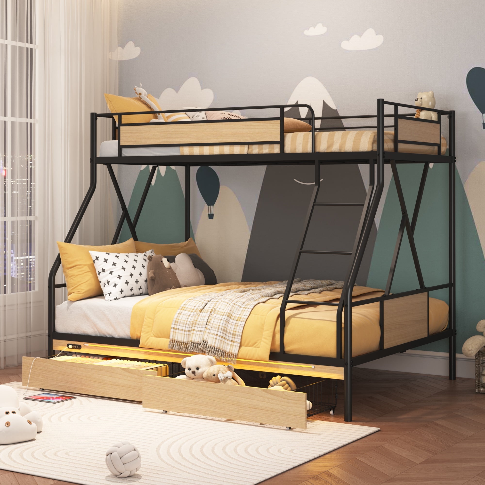Twin Over Full Bunk Bed, UHOMEPRO Metal Bunk Beds with LED Lights and 2 ...