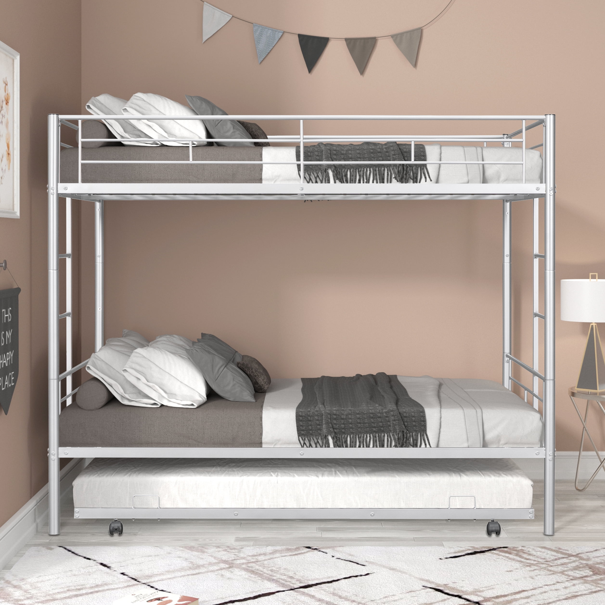 BTMWAY Twin Over Twin Bunk Bed with Trundle, Metal Bunk Beds Frame with ...