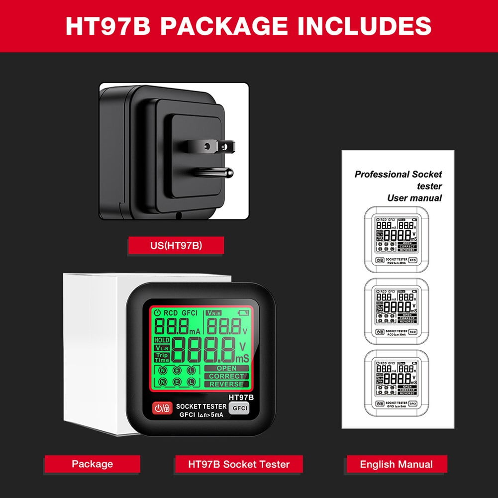 BTOER HT97 Large Digital Socket Tester Smart Voltage Detector RCD GFCI ...