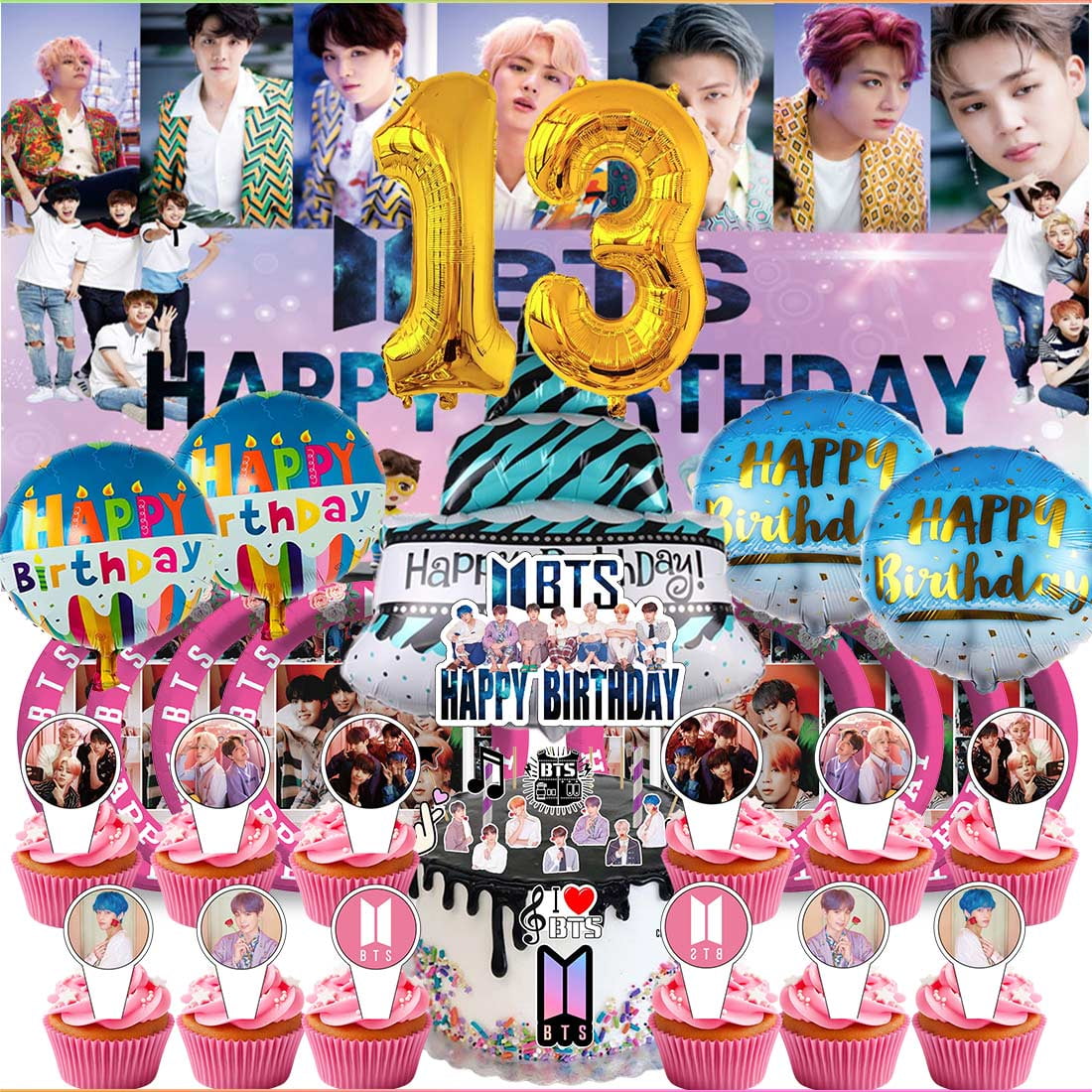 BTS 13th Tableware Balloons Cake Toppers Backdrop Banner Supplies Party ...