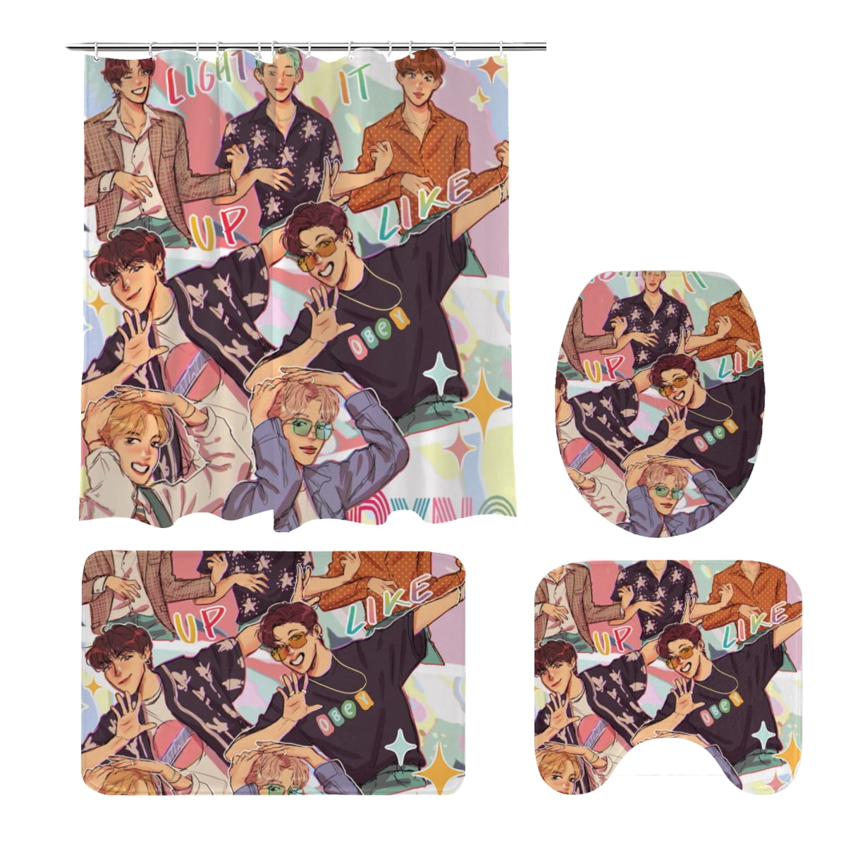 BTS 4-piece shower curtain set, toilet lid mat, bath mat and contour ...