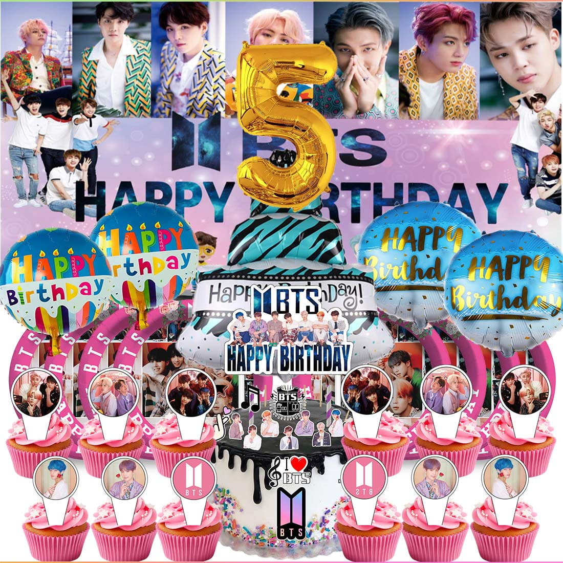 BTS 5th Tableware Balloons Cake Toppers Backdrop Banner Supplies Party ...