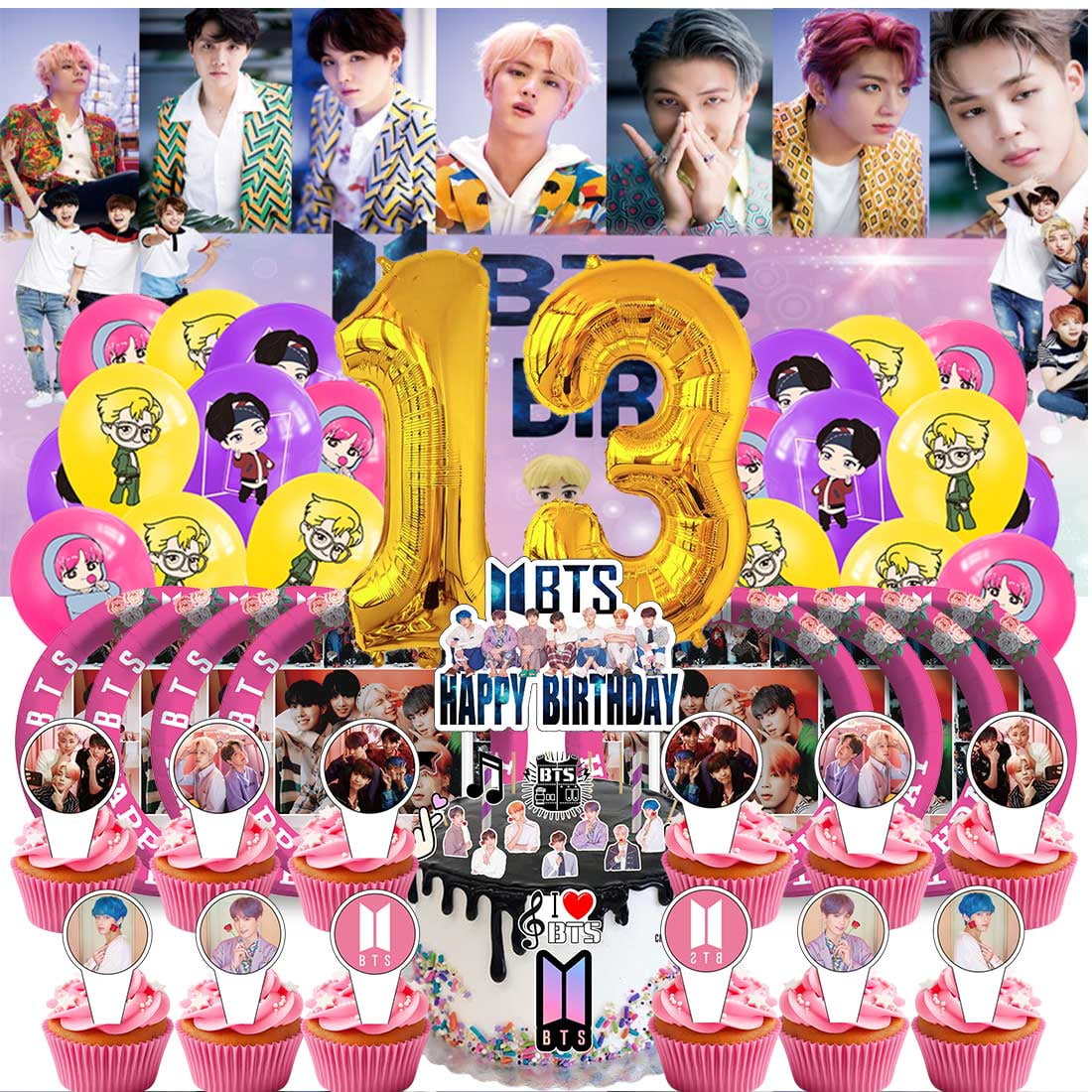 BTS Balloons Party Supplies 13th Decor Tableware Birthday Cake Topper ...