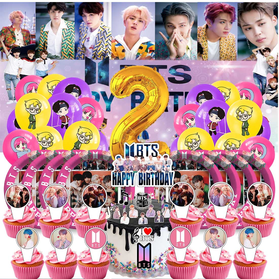 BTS Balloons Party Supplies 2nd Decor Tableware Birthday Cake Topper ...