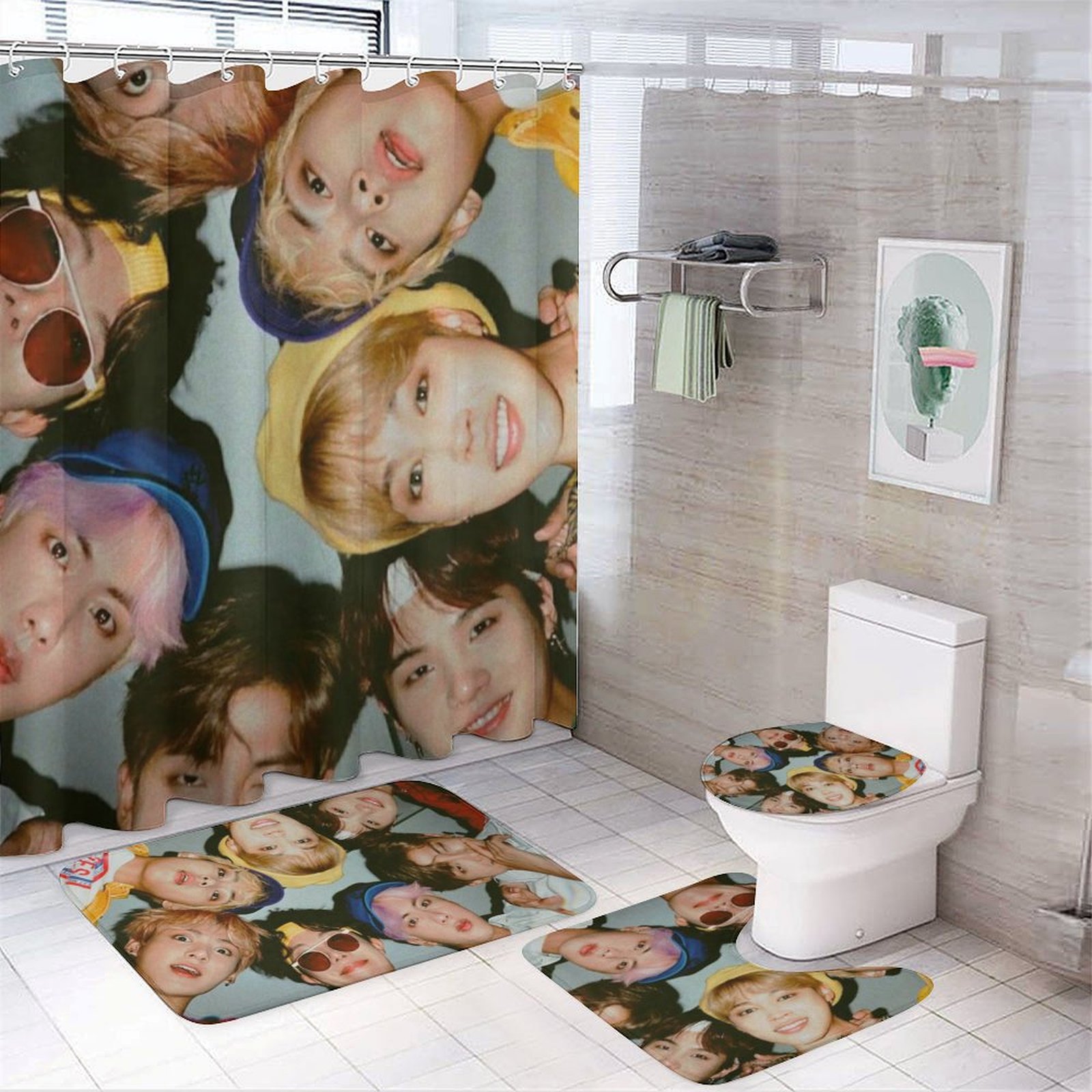 BTS Shower Curtain Set 4-Piece Bathroom Set with Non-Slip Rug, U-Shape ...