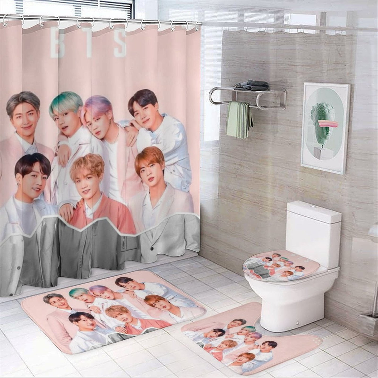 BTS Shower Curtain Set 4-Piece Bathroom Set with Non-Slip Rug, U-Shape ...