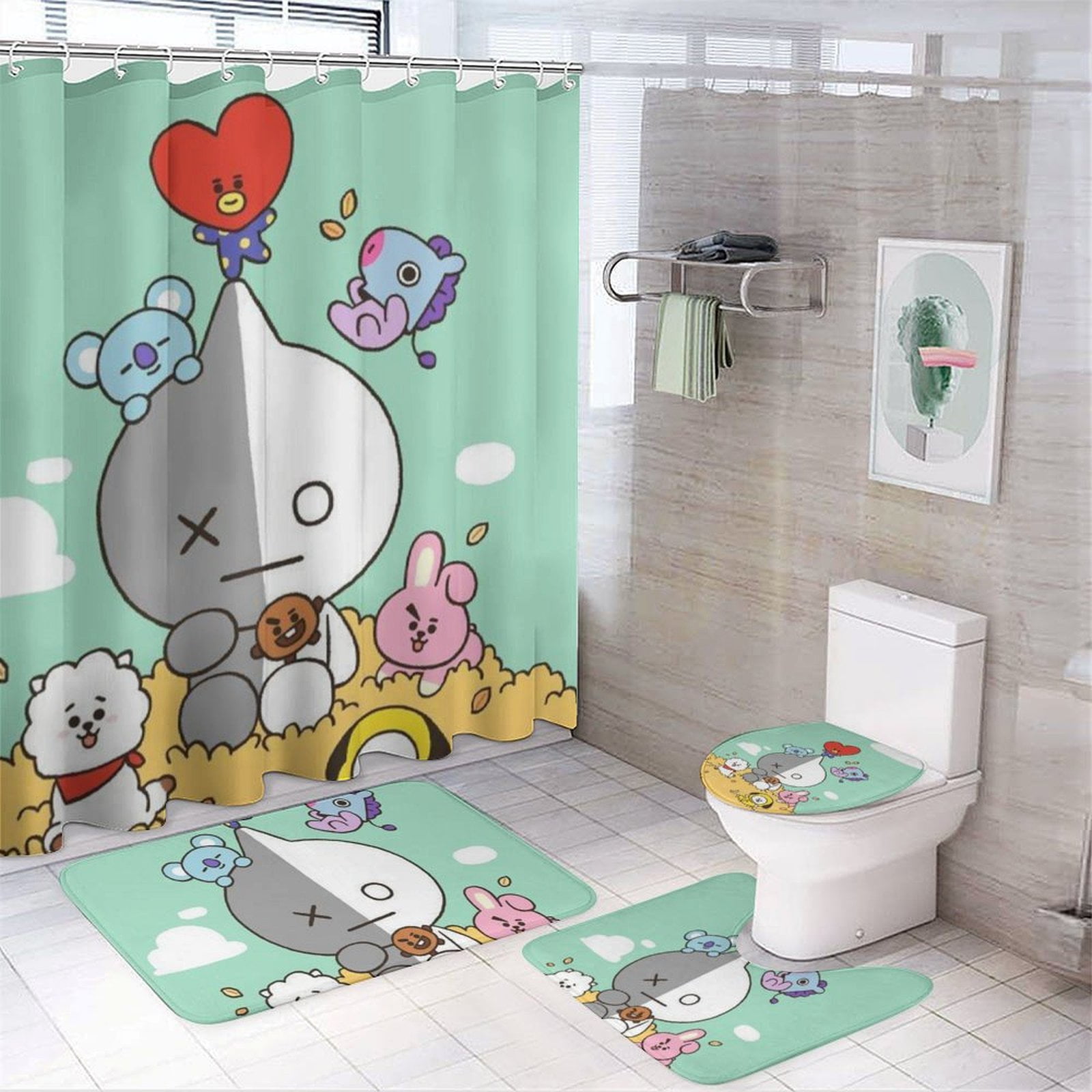 BTS Shower Curtain Set 4-Piece Bathroom Set with Non-Slip Rug, U-Shape ...