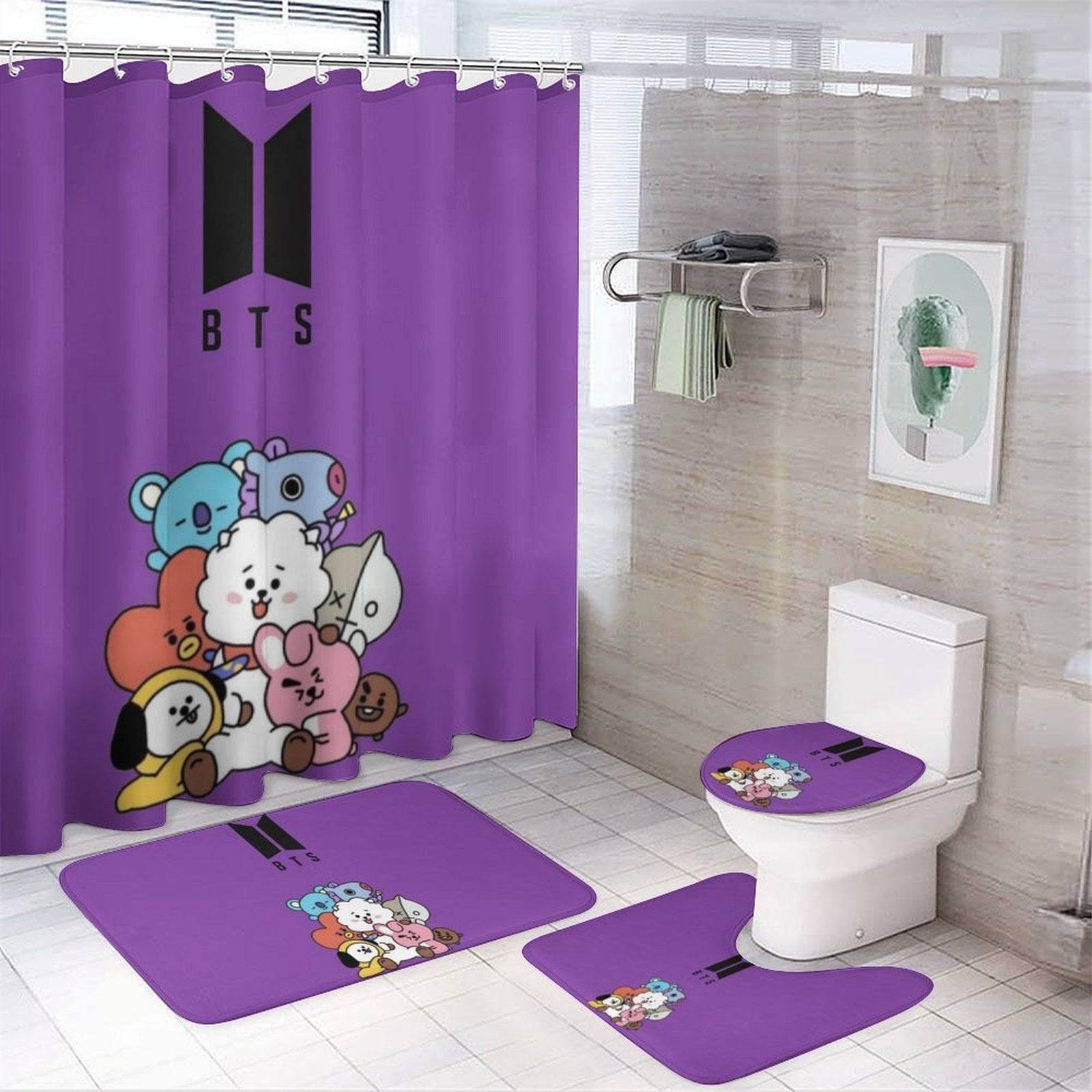 BTS Shower Curtain Set 4-Piece Bathroom Set with Non-Slip Rug, U-Shape ...