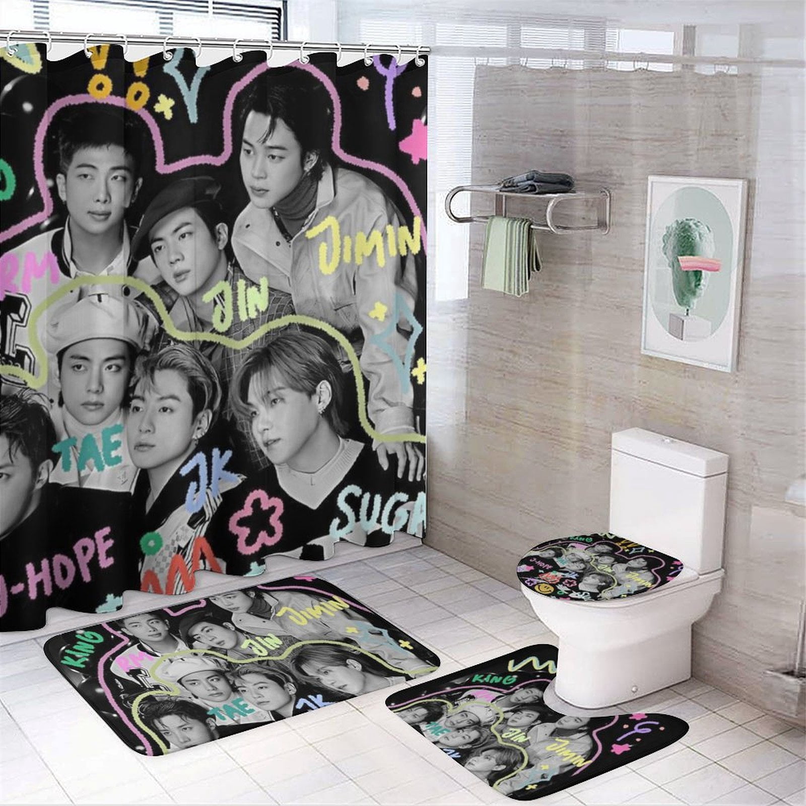 BTS Shower Curtain Set 4-Piece Bathroom Set with Non-Slip Rug, U-Shape ...