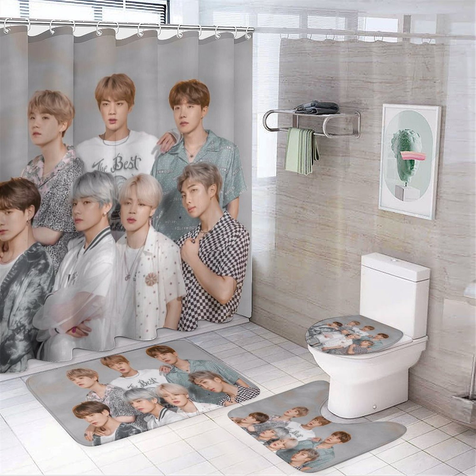 BTS Shower Curtain Set 4-Piece Bathroom Set with Non-Slip Rug, U-Shape ...