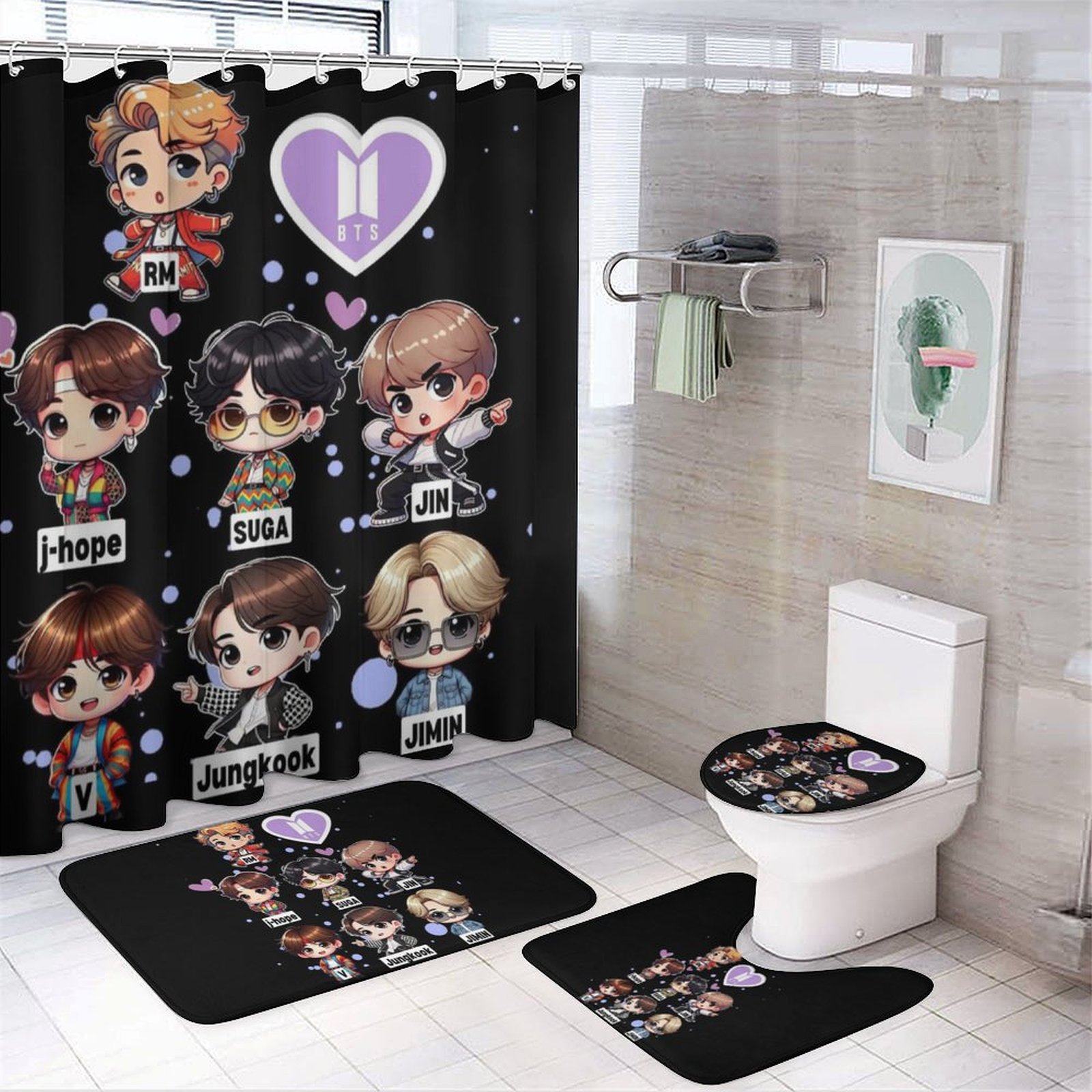 BTS Shower Curtain Set 4-Piece Bathroom Set with Non-Slip Rug, U-Shape ...