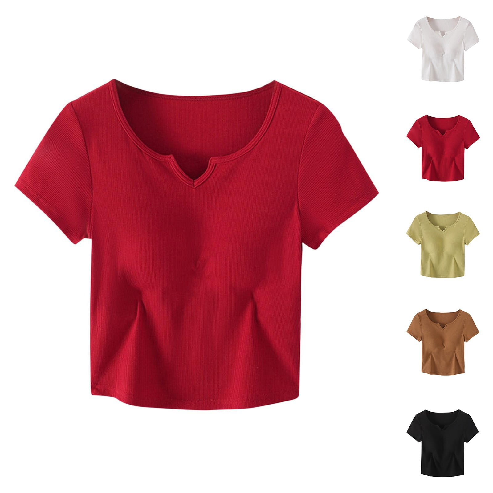For Women's V-Neck Padded Short Sleeve T-Shirt - Slim Fit Ribbed Crop ...