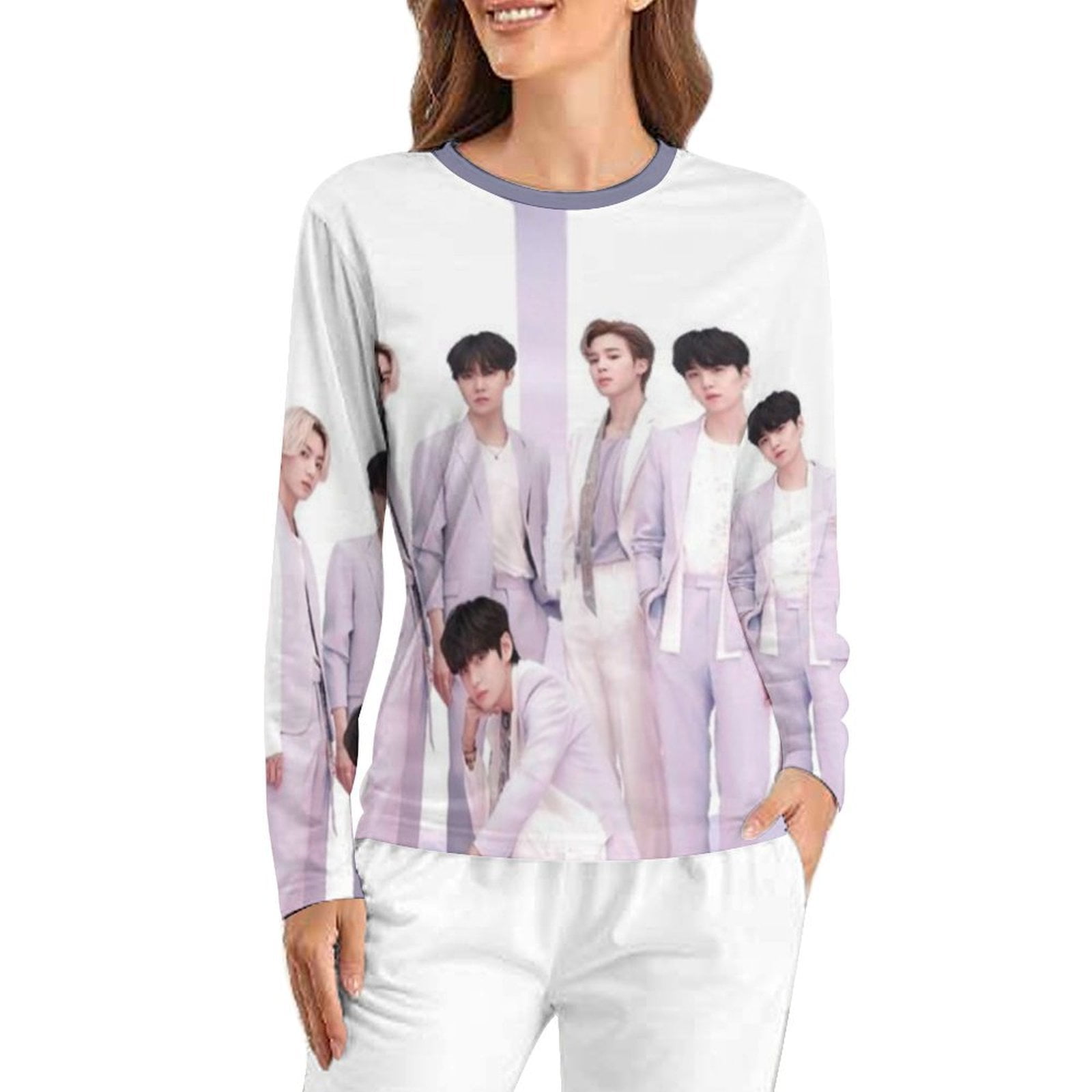BTS Womens Pajama Top Crew Neck Long Sleeve T-Shirt Sleep Shirts Casual ...