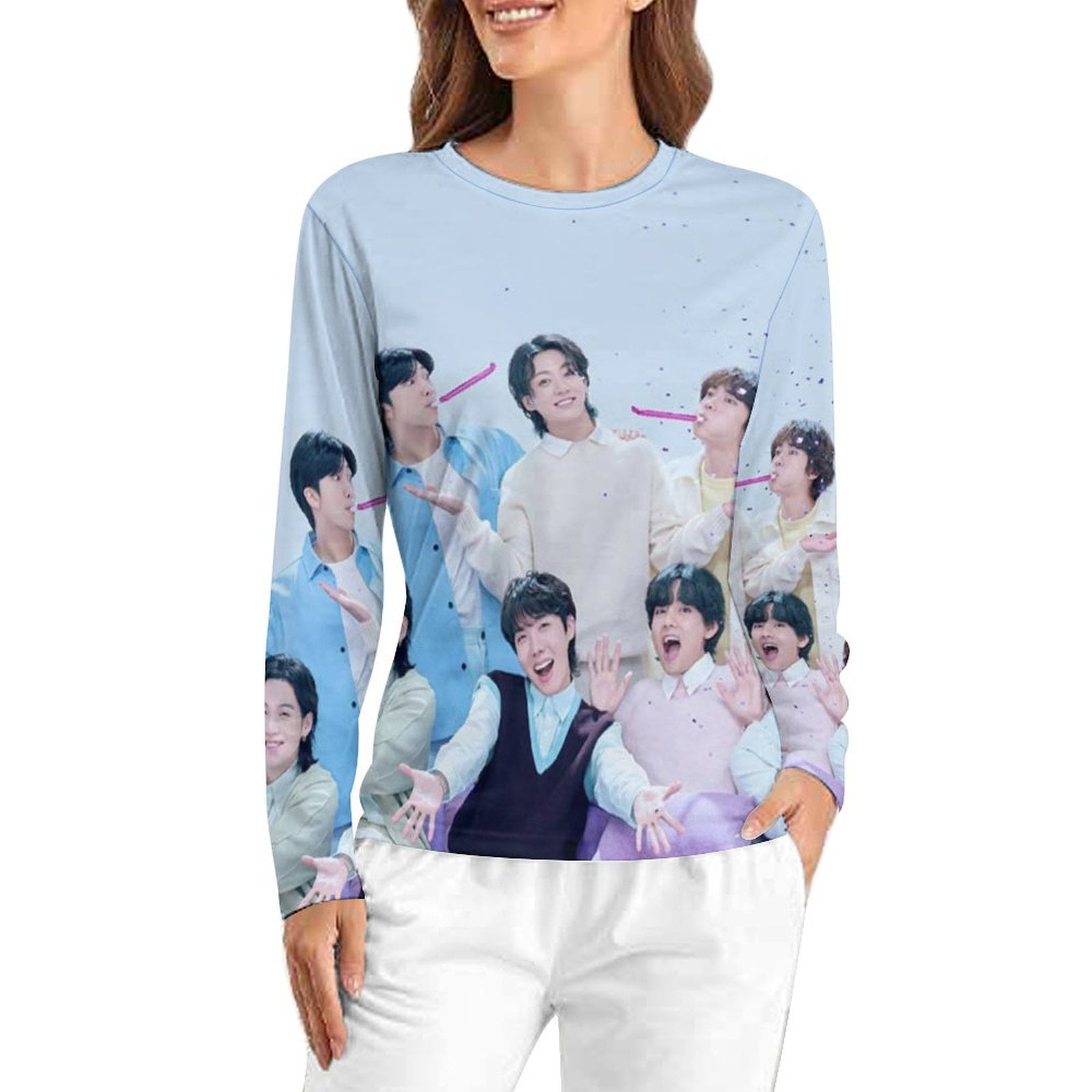 BTS Womens Pajama Top Crew Neck Long Sleeve T-Shirt Sleep Shirts Casual ...
