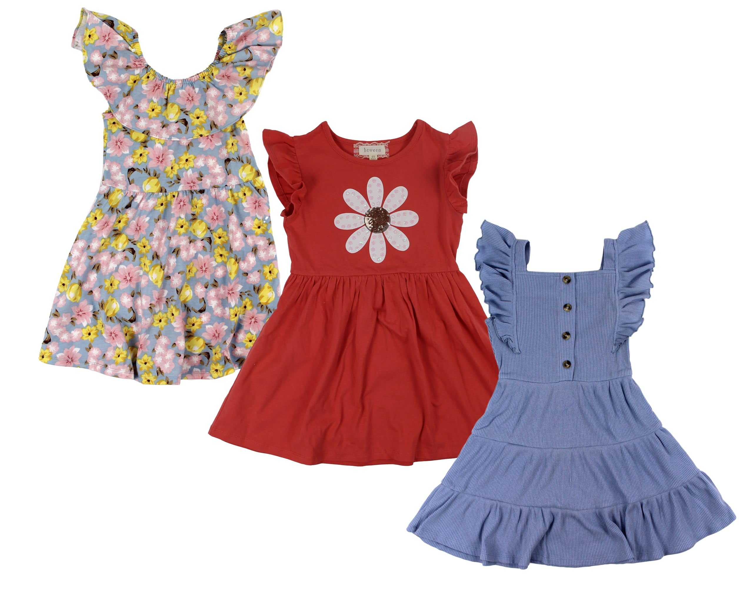 Btween Floral Fly Sleeve Multicolor Dress, 3 Piece Set, 10-12 (Girl's ...