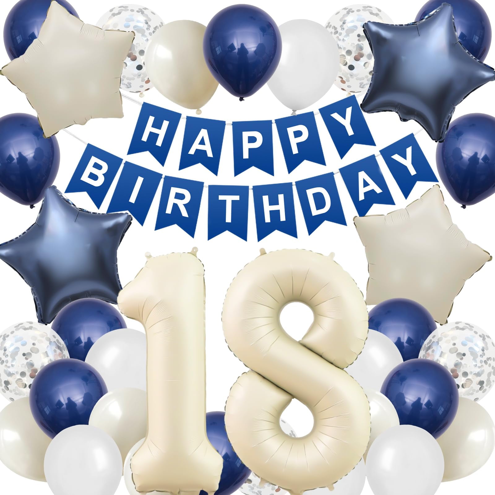 BTZO 18th Birthday Decorations Blue White, KKS1 Navy Blue Silver Cream White Balloons, Beige 18 ...