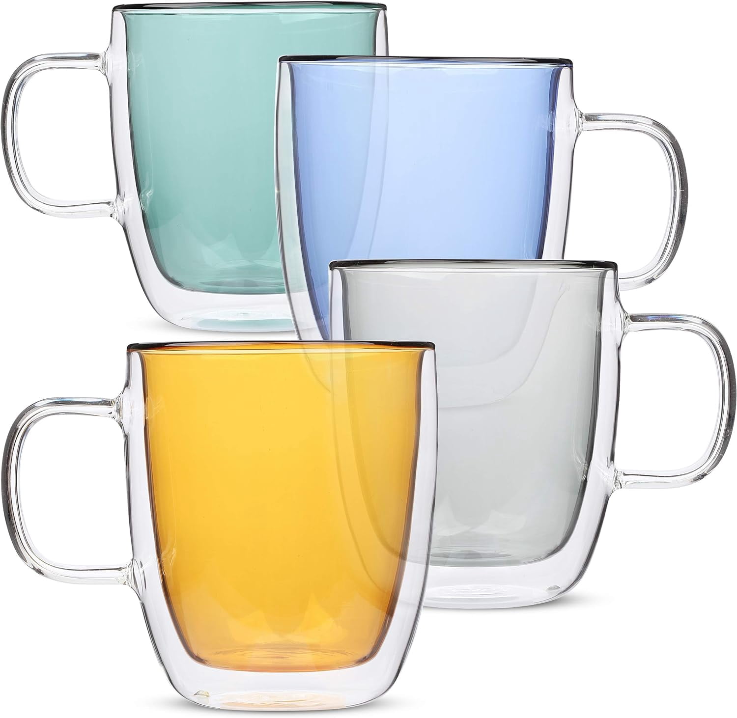 BTaT- Colored Double Walled Glass Coffee Mugs, Set of 4 (12oz, 350ml ...