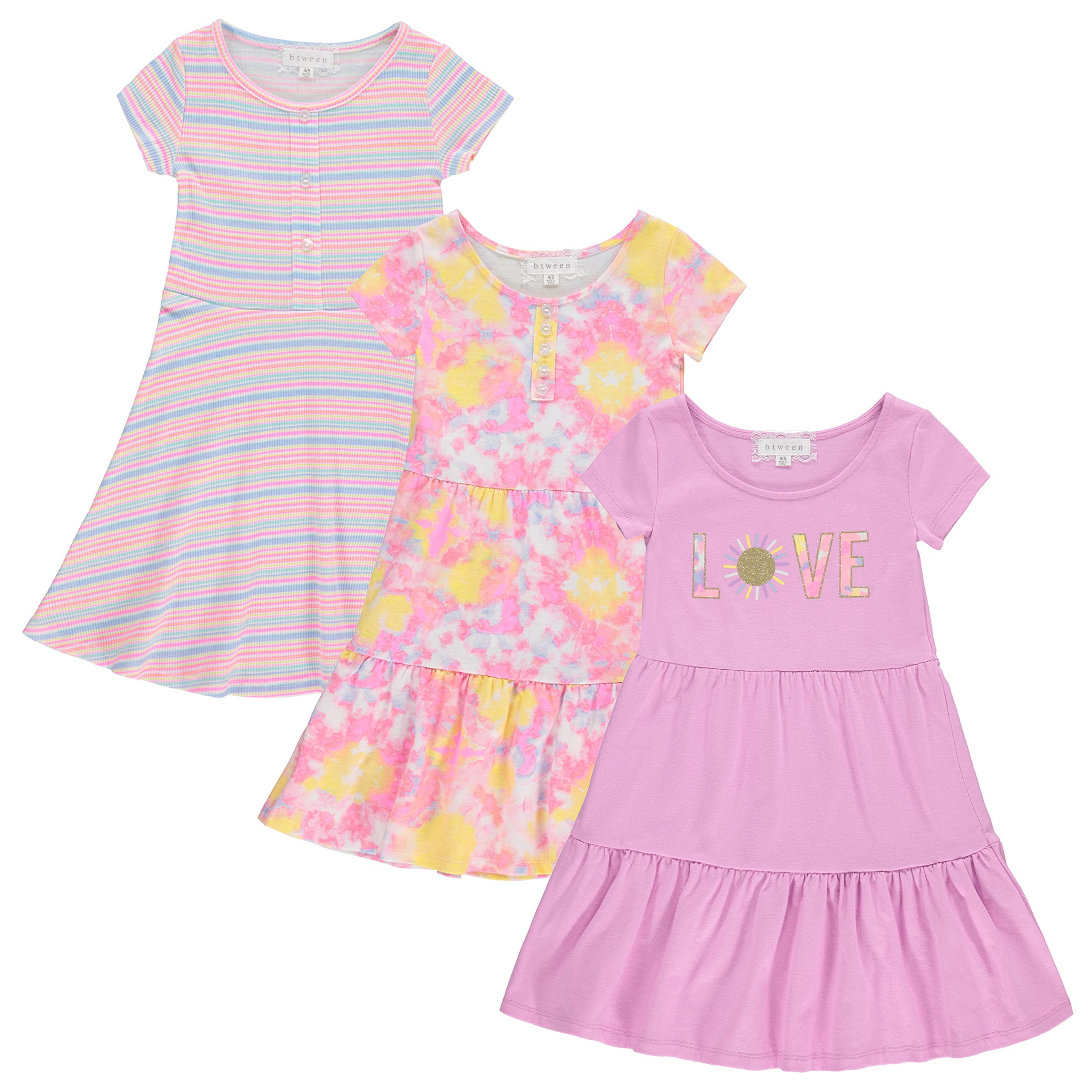 BTween Girls 3-PC Summer Dress Set - Short Sleeve, Stripe/Floral/Purple ...