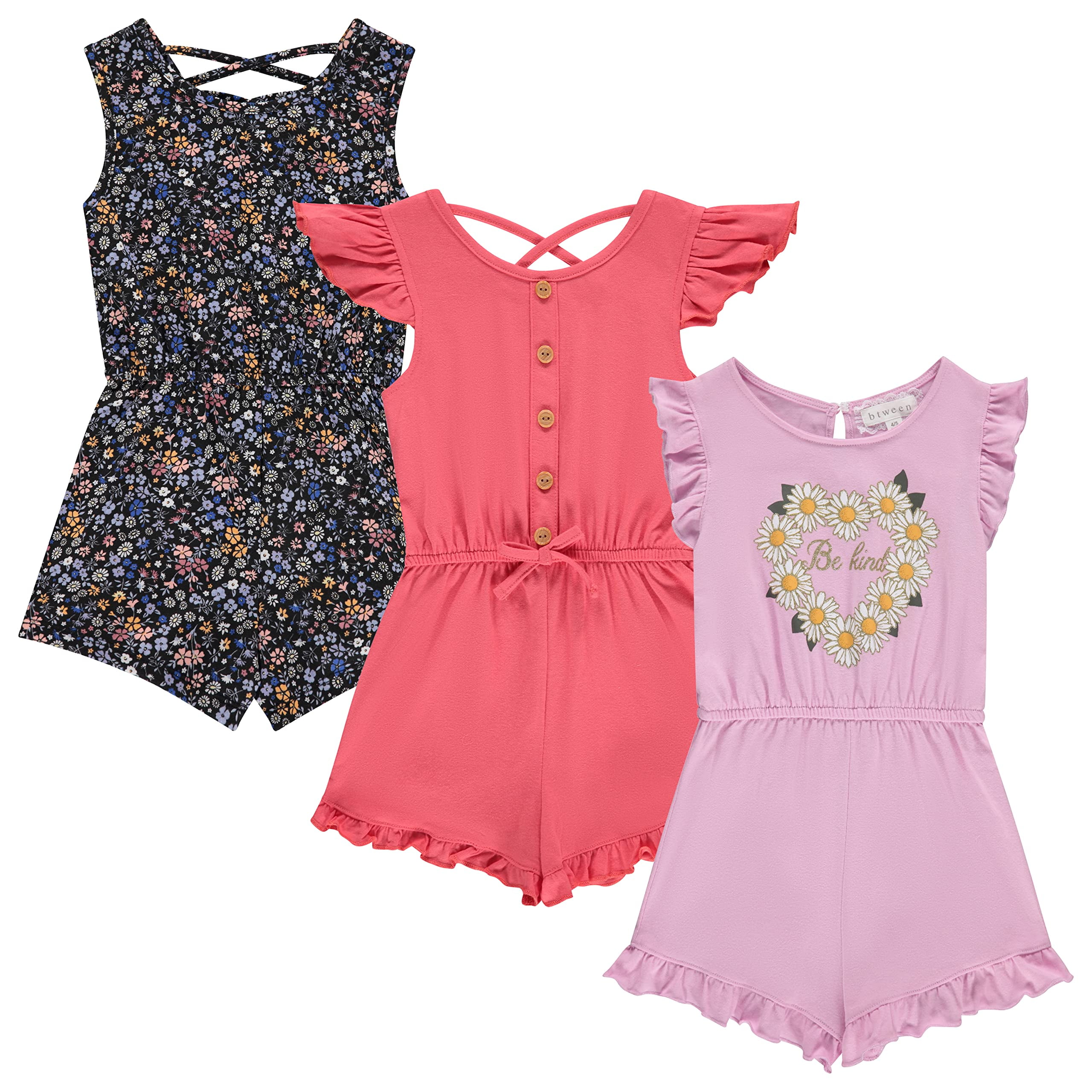BTween Girls' 3-Pack Jumpsuits & Rompers, Sleeveless/Flutter BTween Girls' 3-Pack Jumpsuits & Rompers, Sleeveless/Flutter
