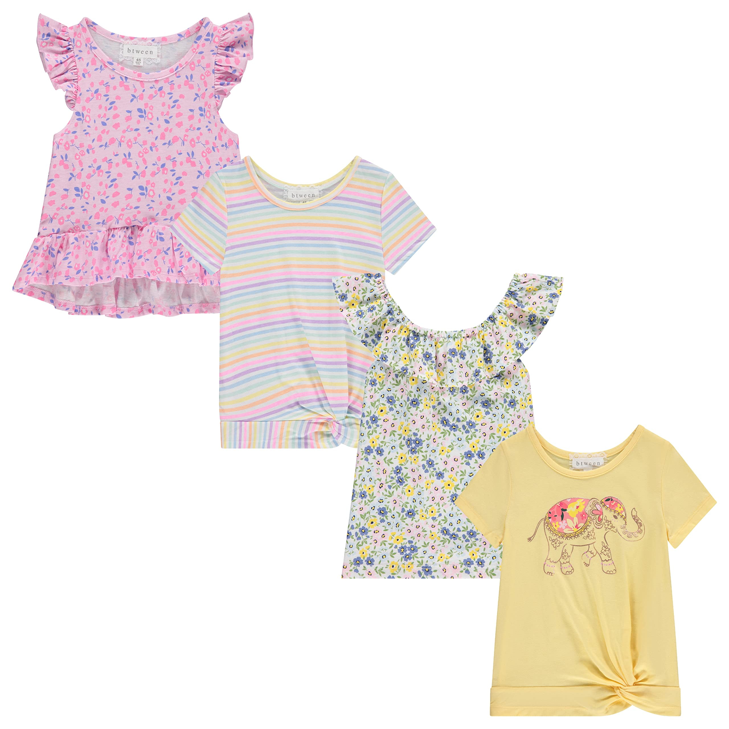 BTween Girls' 4-Pack Tops & Tees - Short Sleeve Tshirts, Ruffle & Off ...