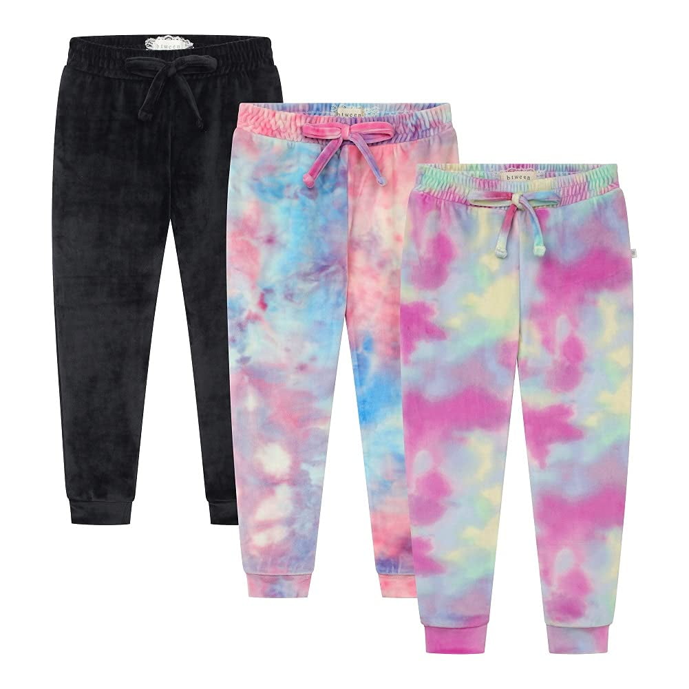 BTween Girl's Ultra-Soft 3-Pack Velour Jogger Pants in Solid & Tie Dye ...