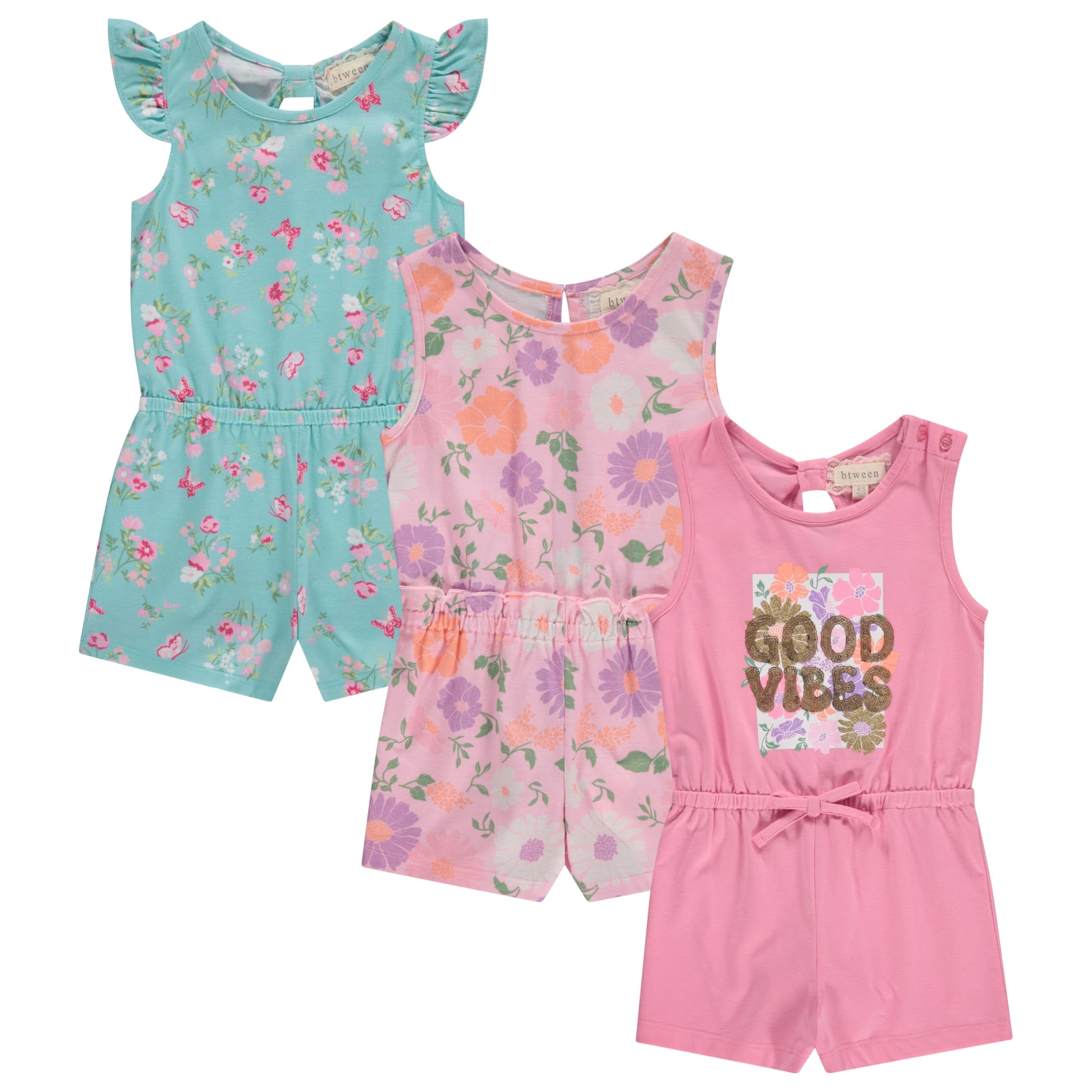 BTween Girls’ 3-Pack Romper Set – Cute & Comfy Sleeveless Summer ...